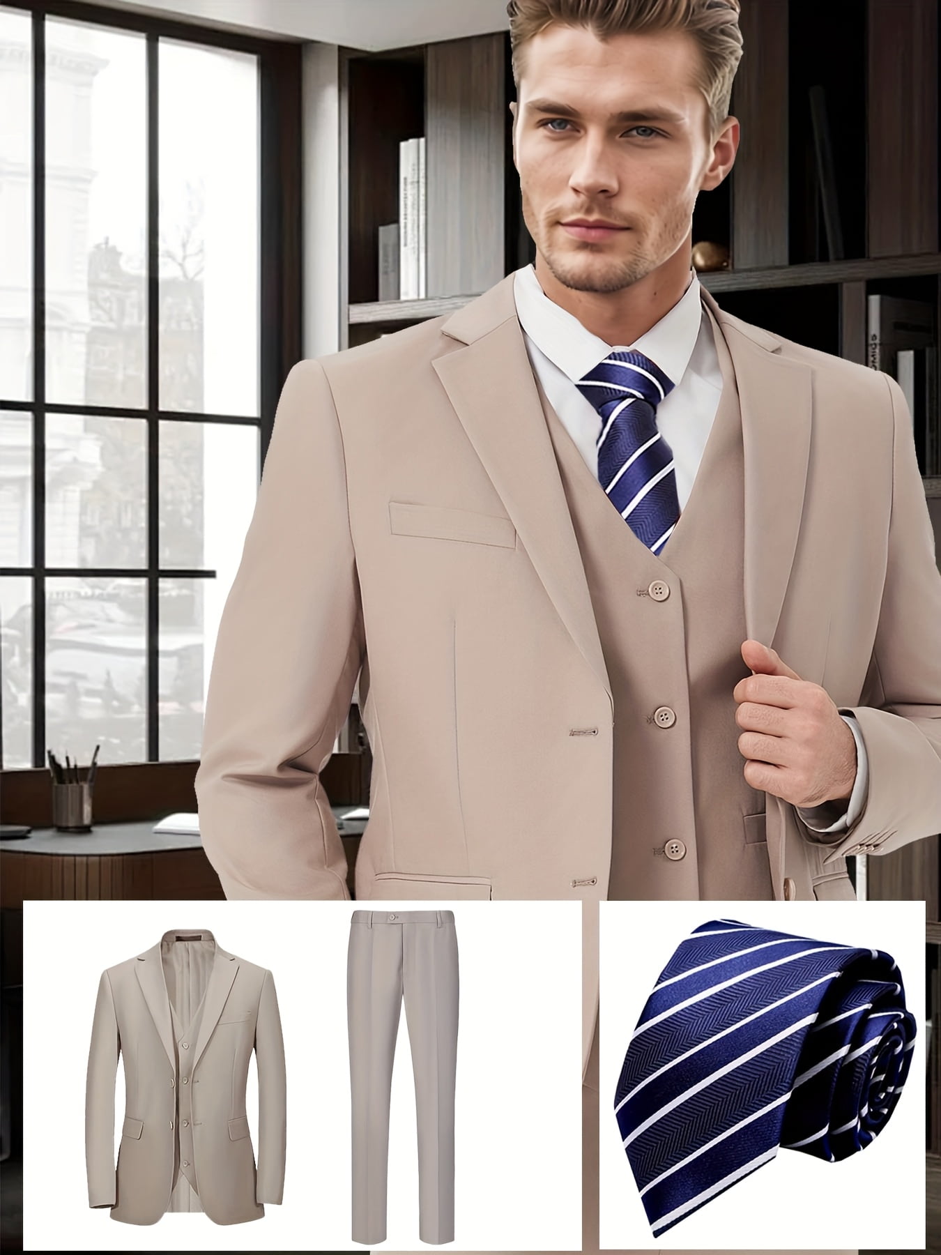 Beauty-Emily Men's 4-Piece Classic Suit Set, Double-Button Jacket, Vest ...