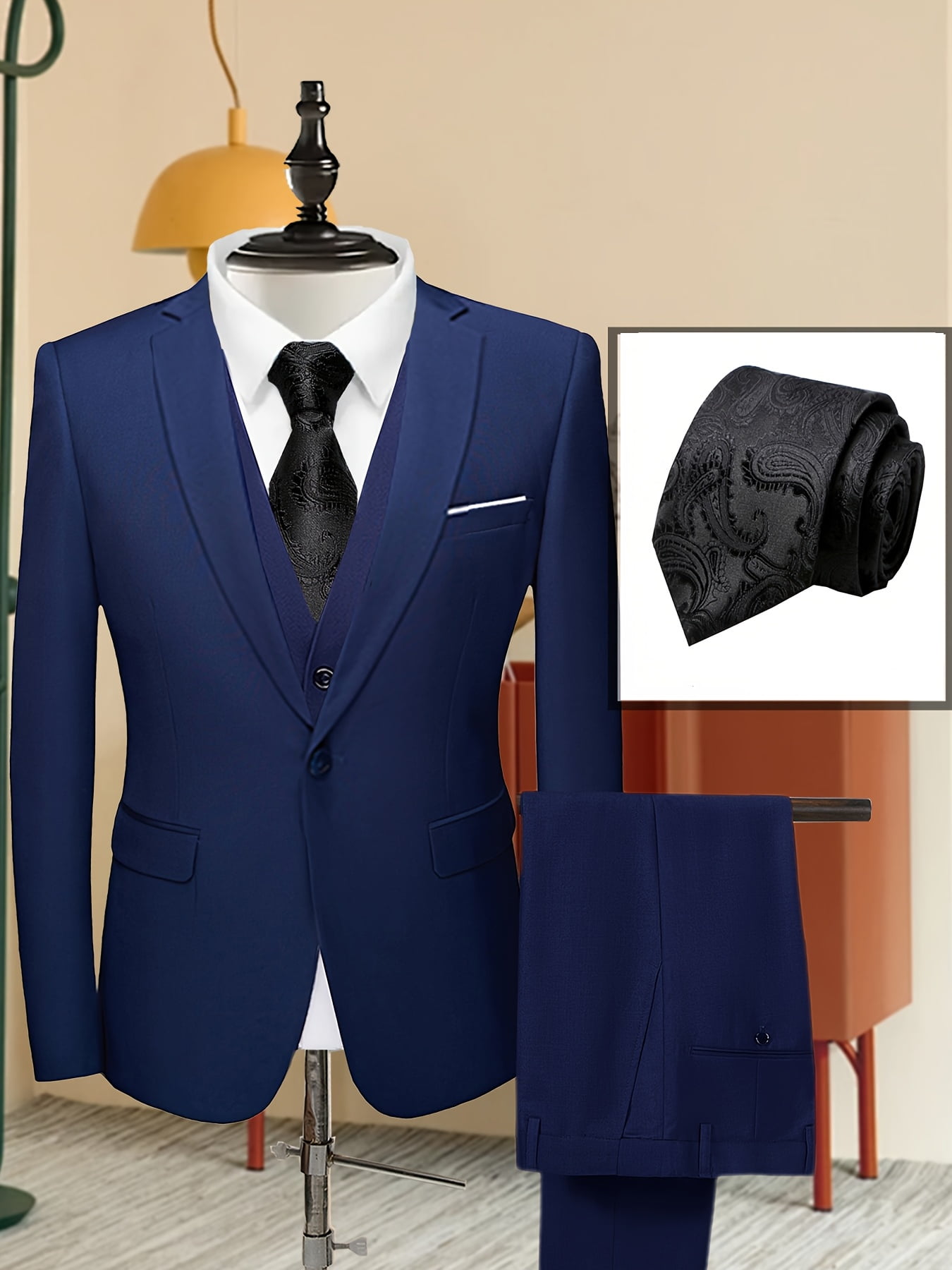Beauty-Emily Men's 4-Piece Dark Blue Suit Set, Jacket, Vest, Pants ...