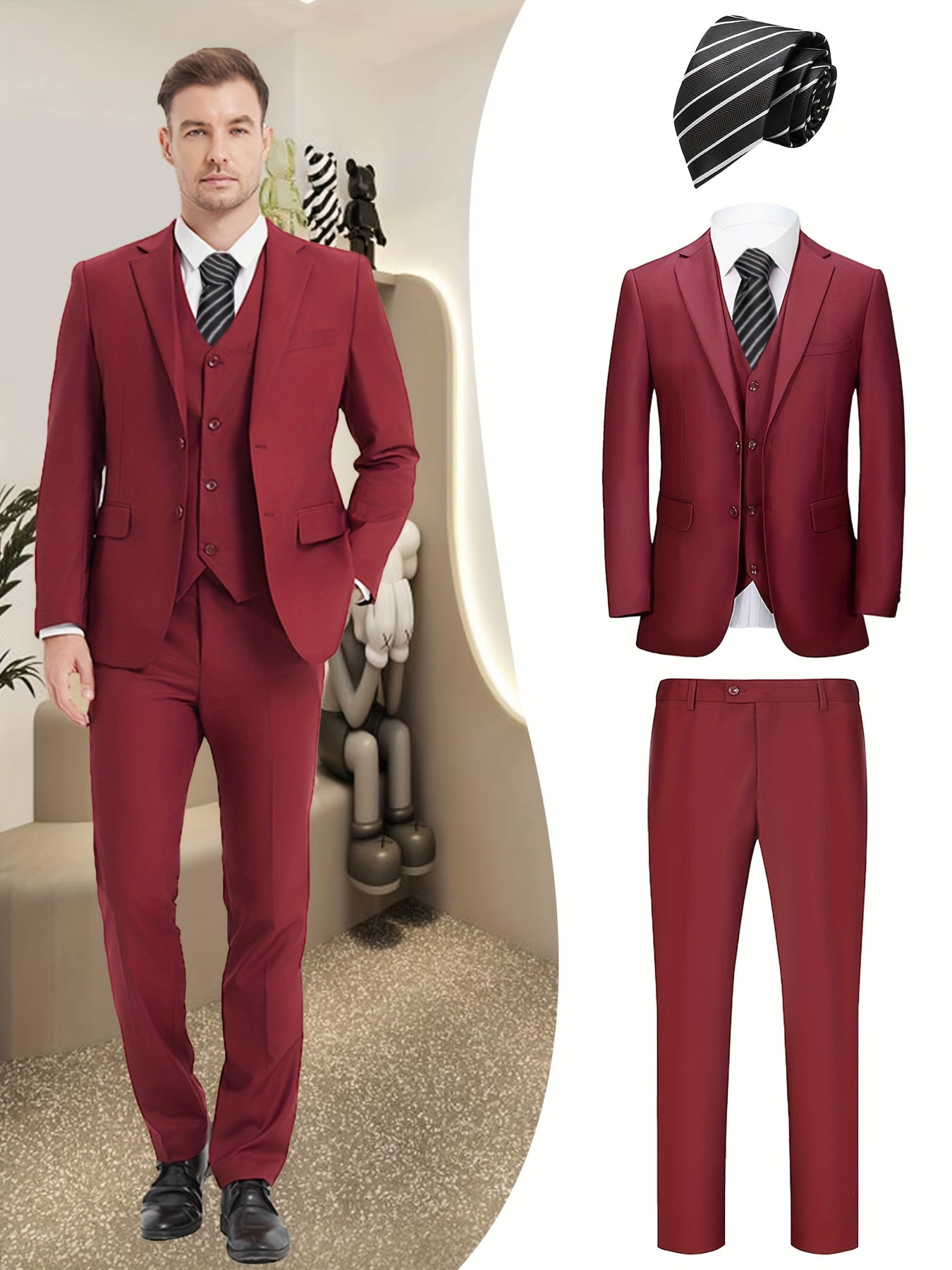 Beauty-Emily Men's 4-Piece Formal Suit Set, Jacket, Vest, Pants, Black ...