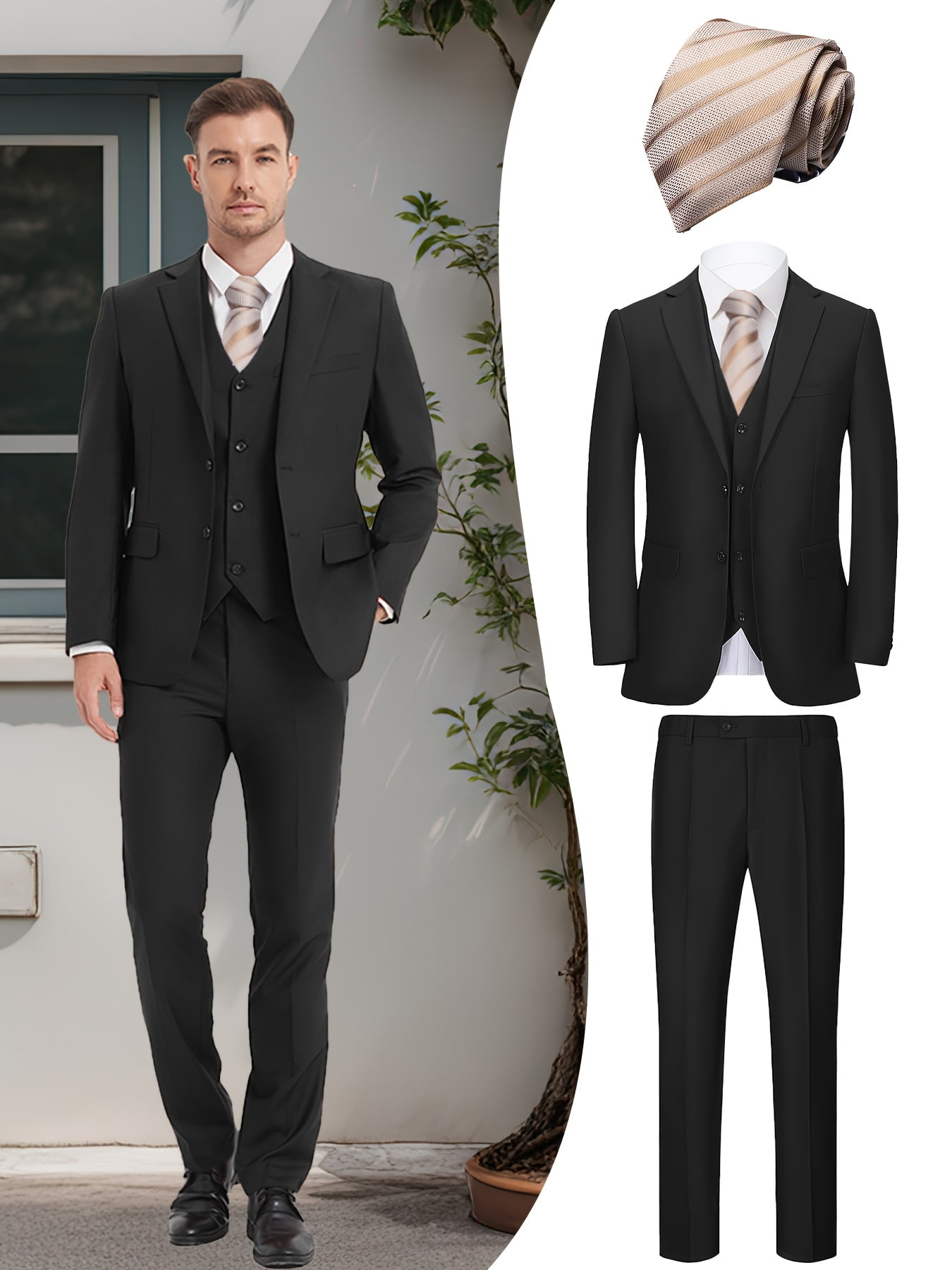 Beauty-Emily Men's 4-Piece Formal Suit Set, Jacket, Vest, Pants, Golden ...