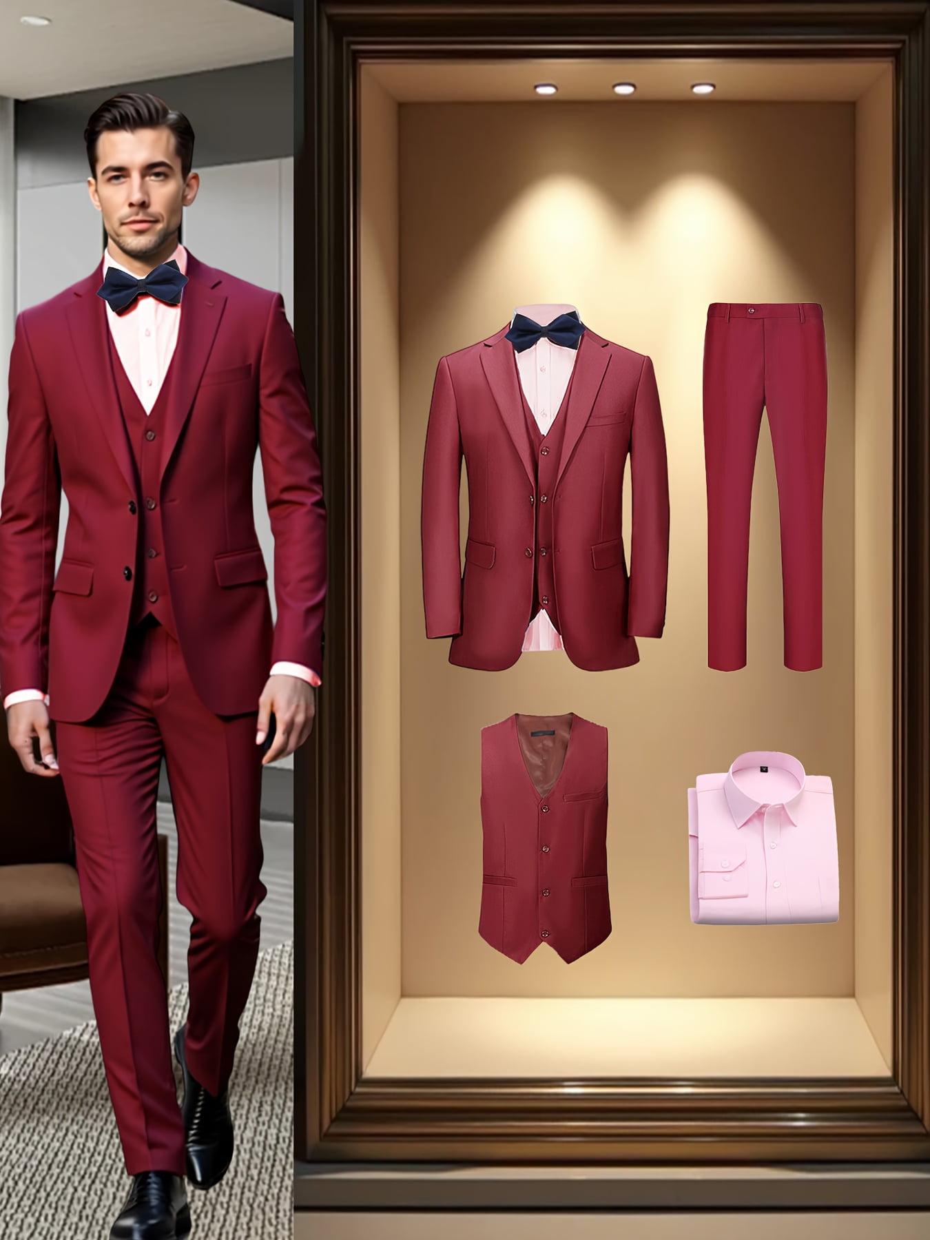 Beauty-Emily Men's 4-Piece Formal Suit Set, Tuxedo, Vest, Pants, Bow ...