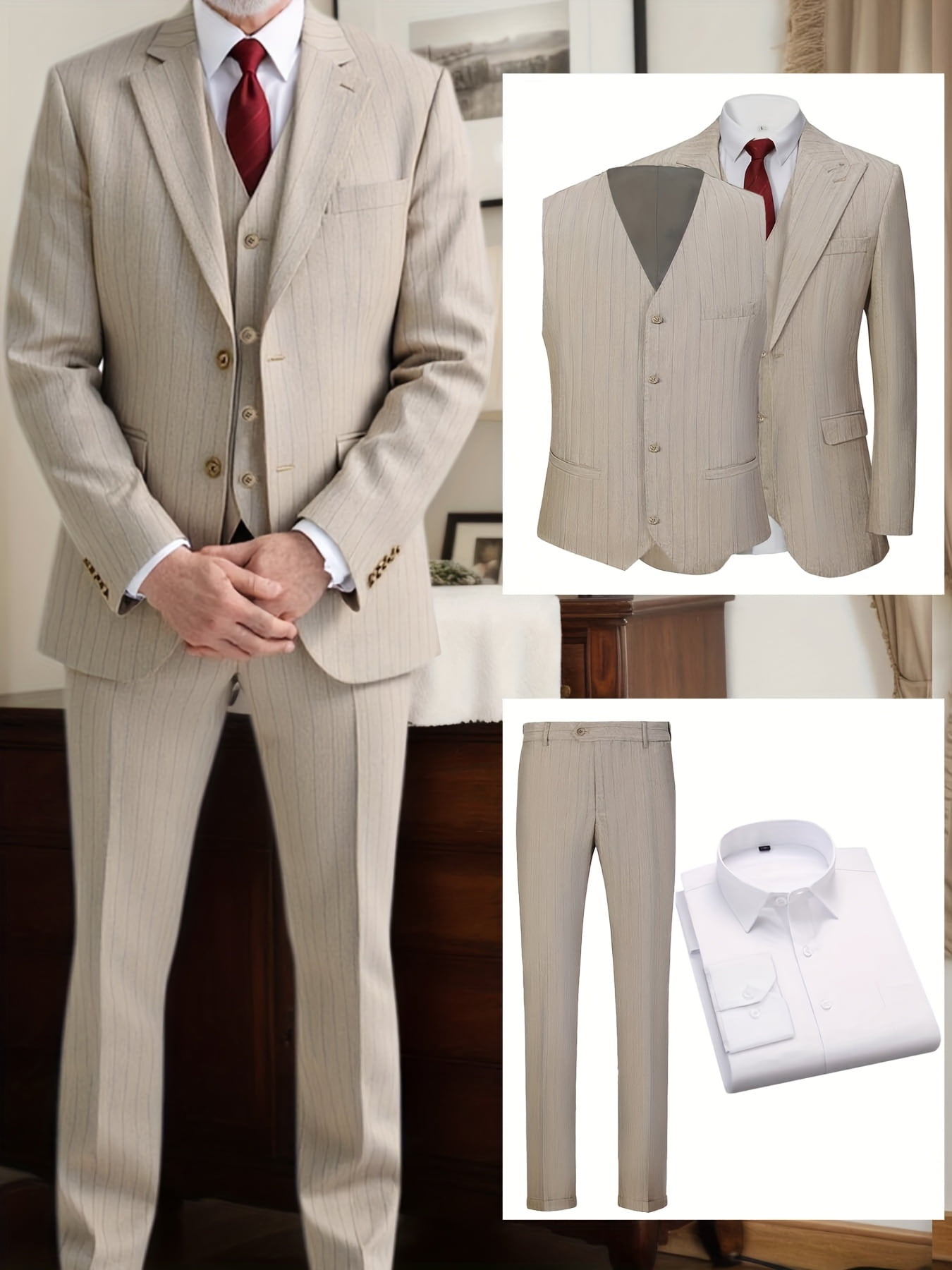 Beauty-Emily Men’s 4-Piece Pinstripe Business Suit Set, Closure Collar ...