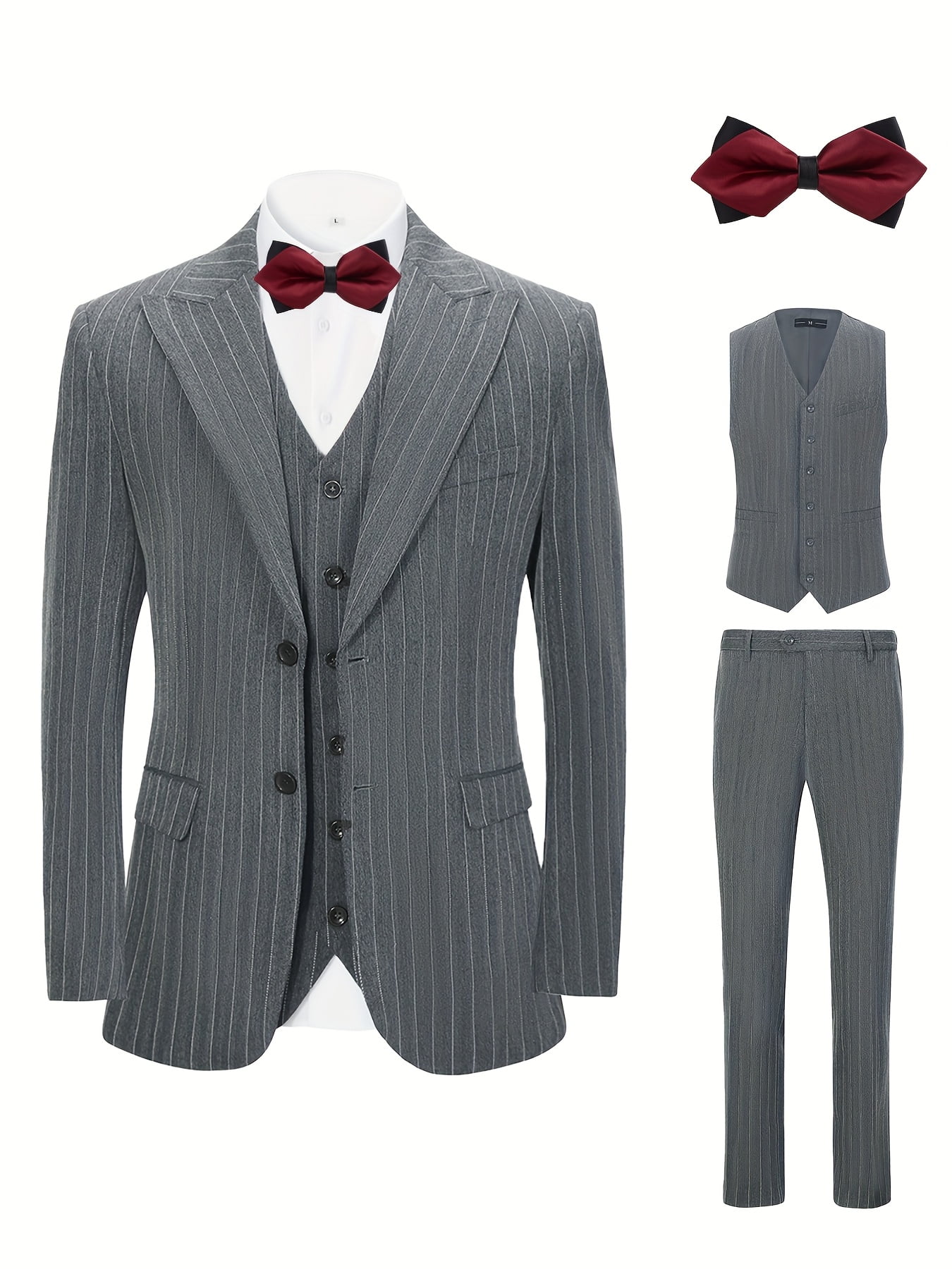 Beauty-Emily Men's 4-Piece Striped Suit Set, Blazer, Vest, Pants ...