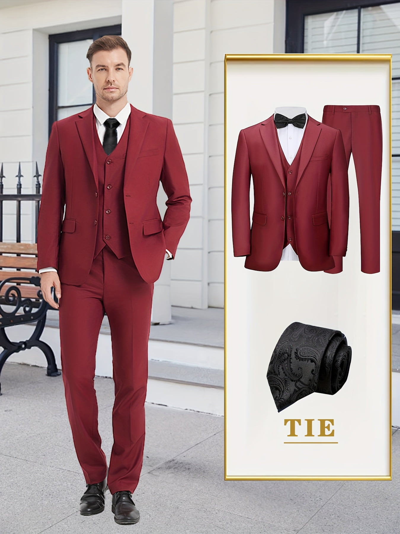 Beauty-Emily Men's 4-Piece Suit Set with Jacket, Vest, Pants & Black Tie – V-Neck Design ...