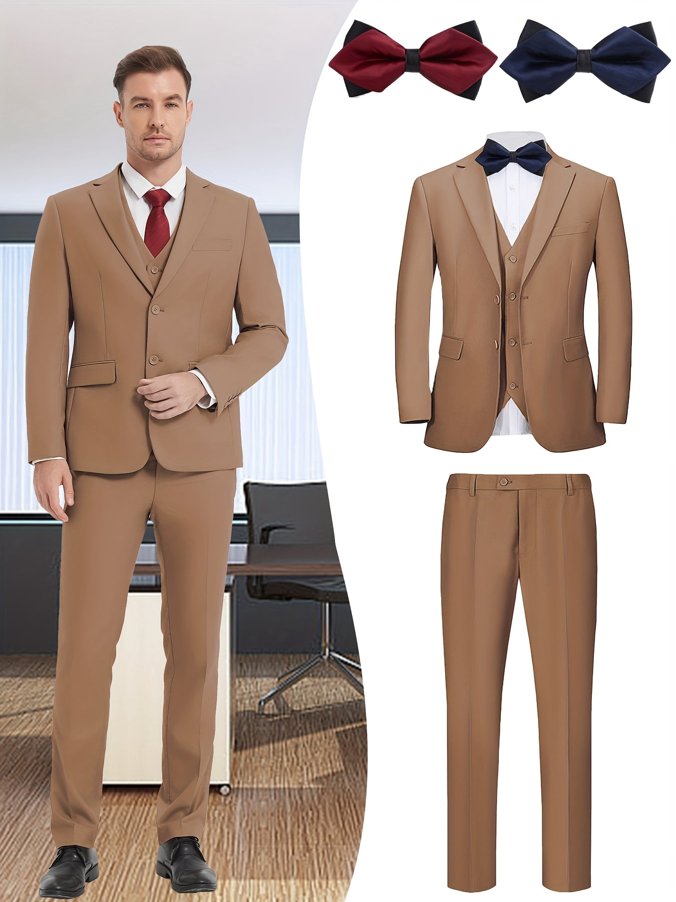 Beauty-Emily Men's 5-Piece Formal Suit Set, Jacket, Vest, Pants, Red ...