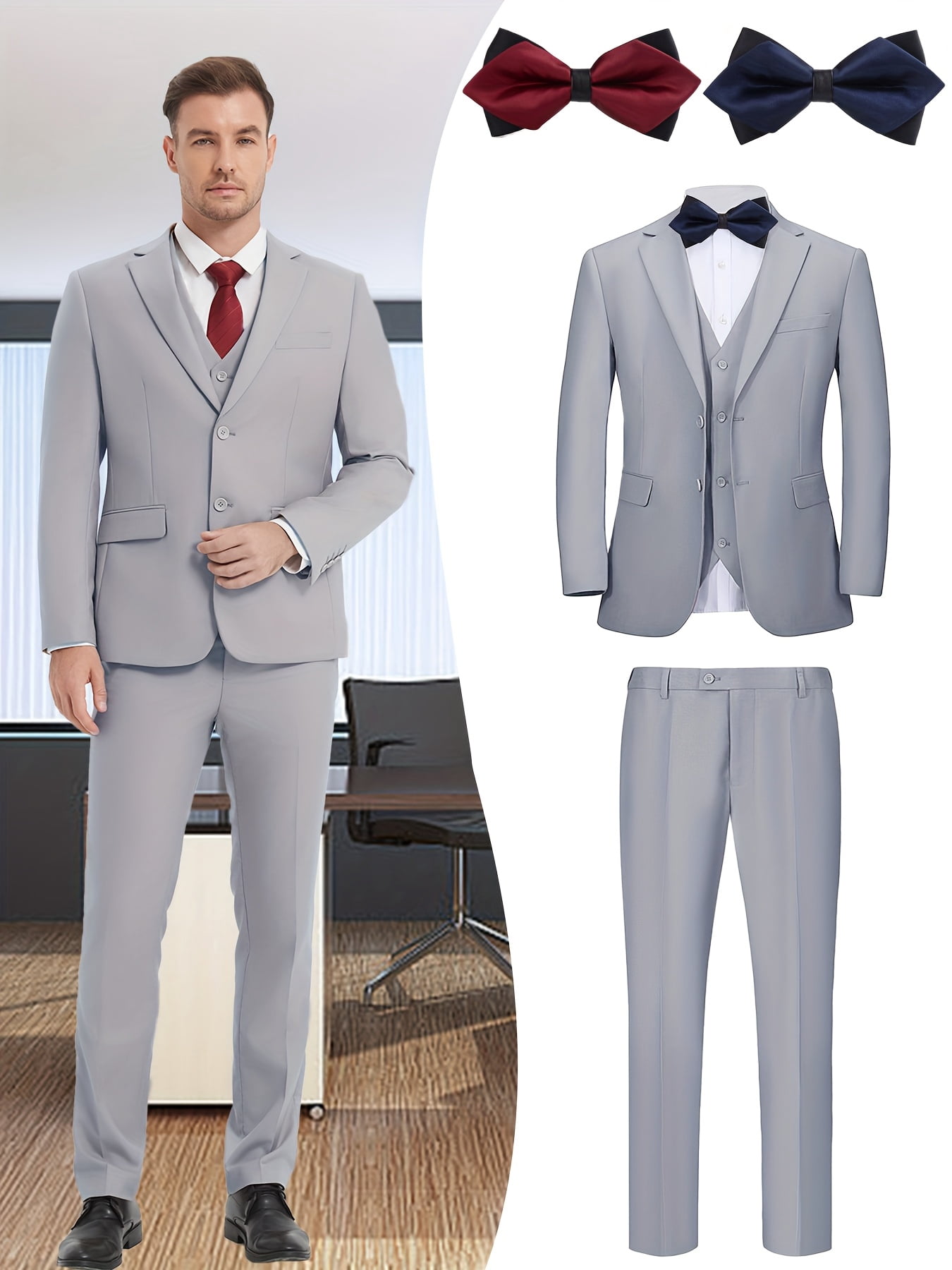 Beauty-Emily Men's 5-Piece Formal Suit Set, Jacket, Vest, Pants, Red ...