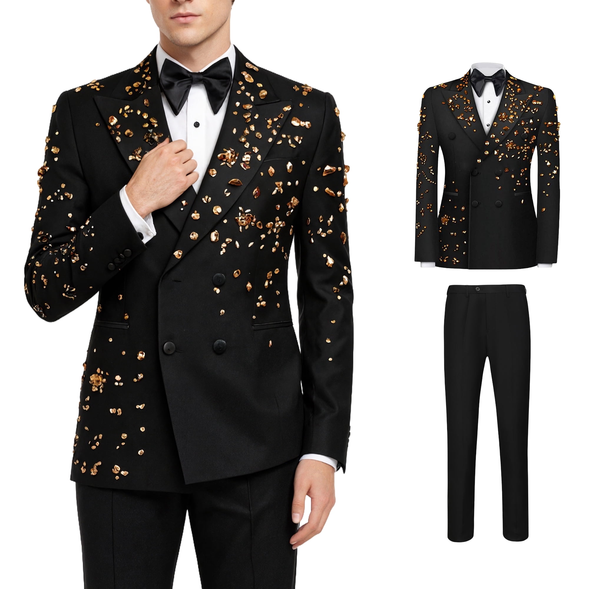Beauty-Emily Men's Double Breasted Suit Set, Gold Foil Metallic Print ...