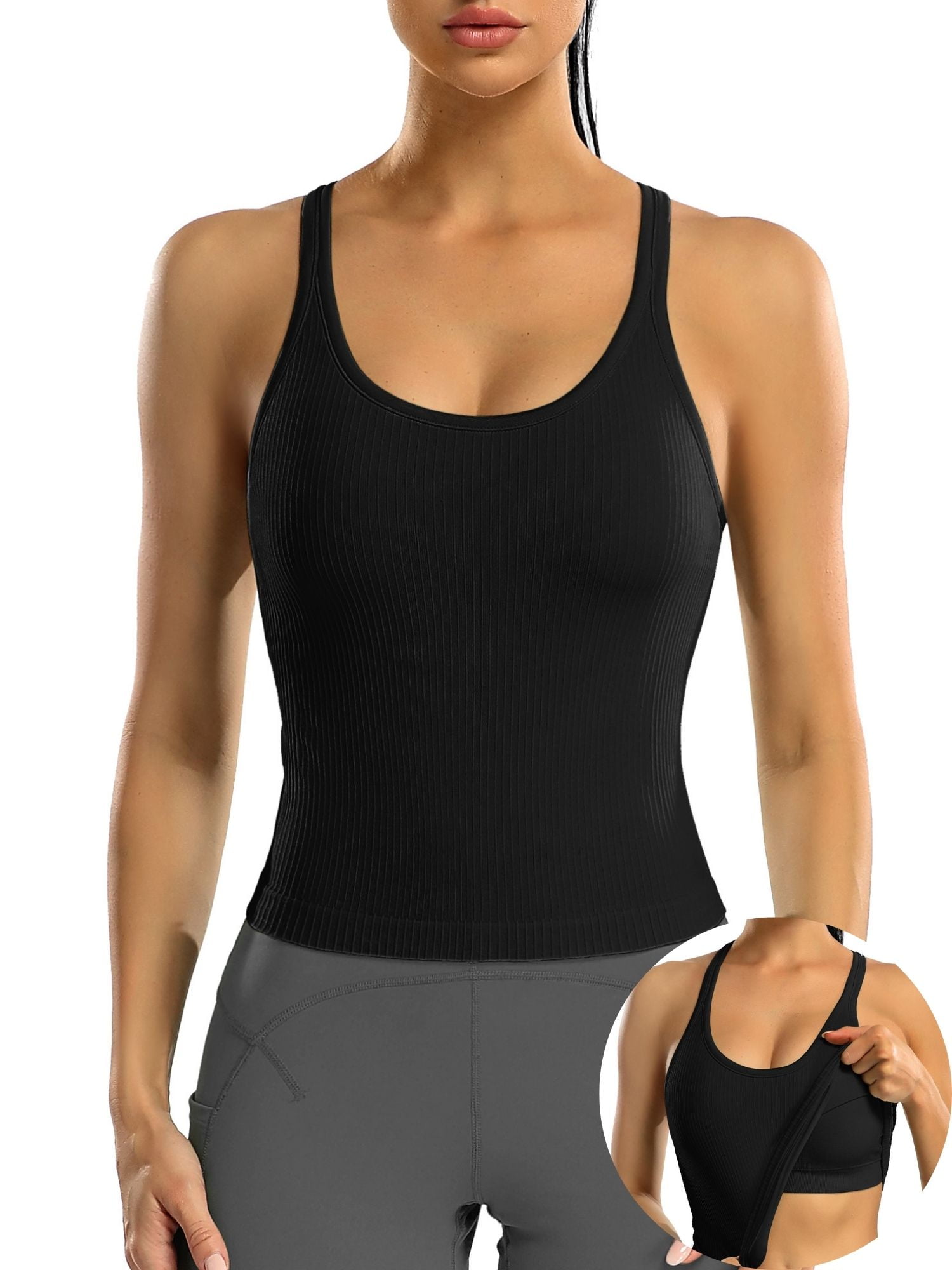 Anferry Ribbed Yoga Sports Tanks for Womens Workout Built in Bra ...