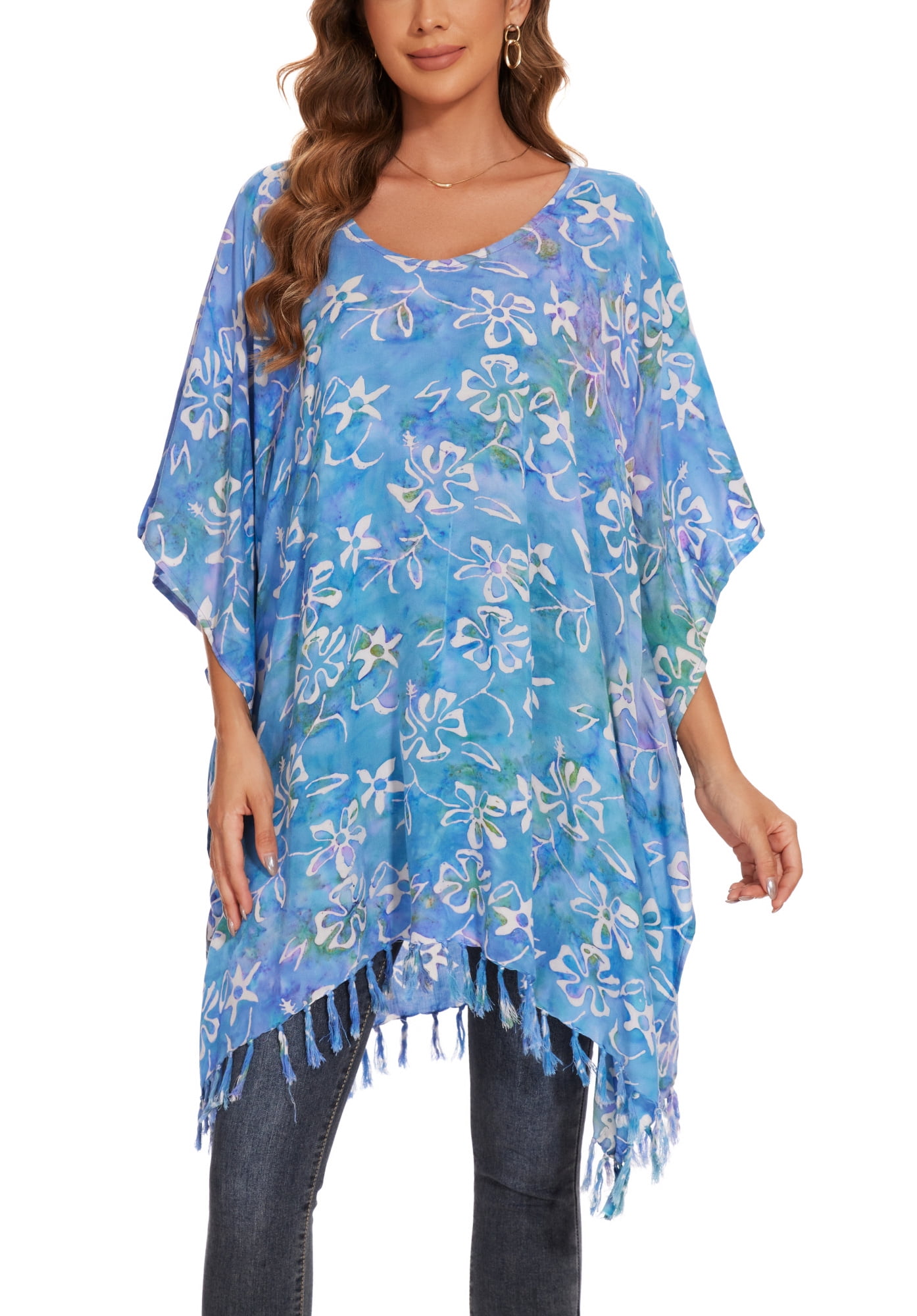 Beautybatik Cerulean blue Batik Caftan Boho Hippie Women Tunic Top ...