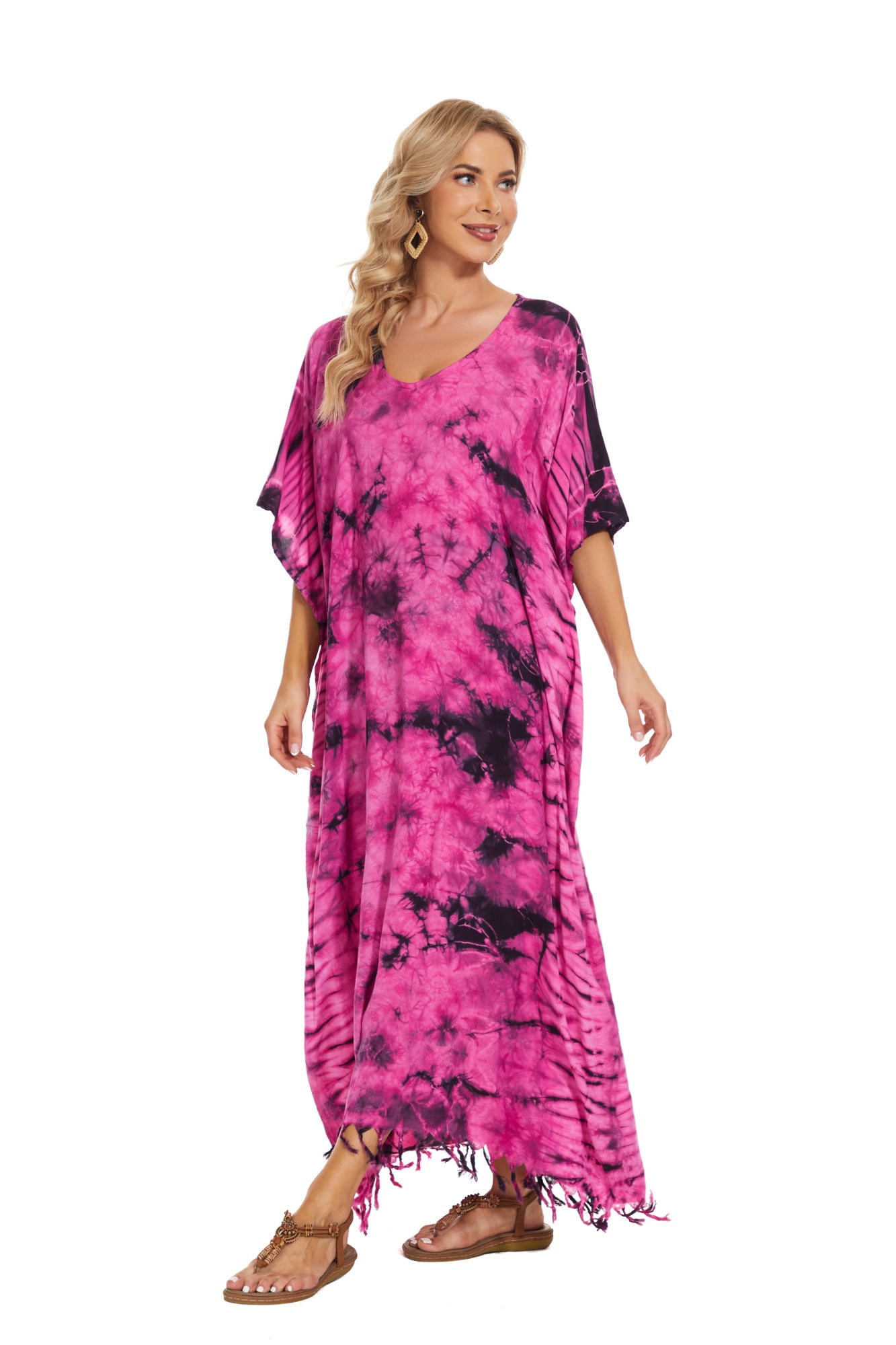 Beautybatik Fuchsia Women Hippie Tie Dye Caftan Kaftan Loungewear Maxi ...