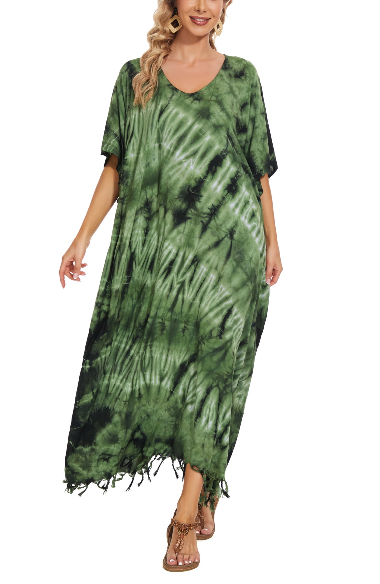 Beautybatik Green Women Hippie Tie Dye Caftan Kaftan Loungewear Maxi ...