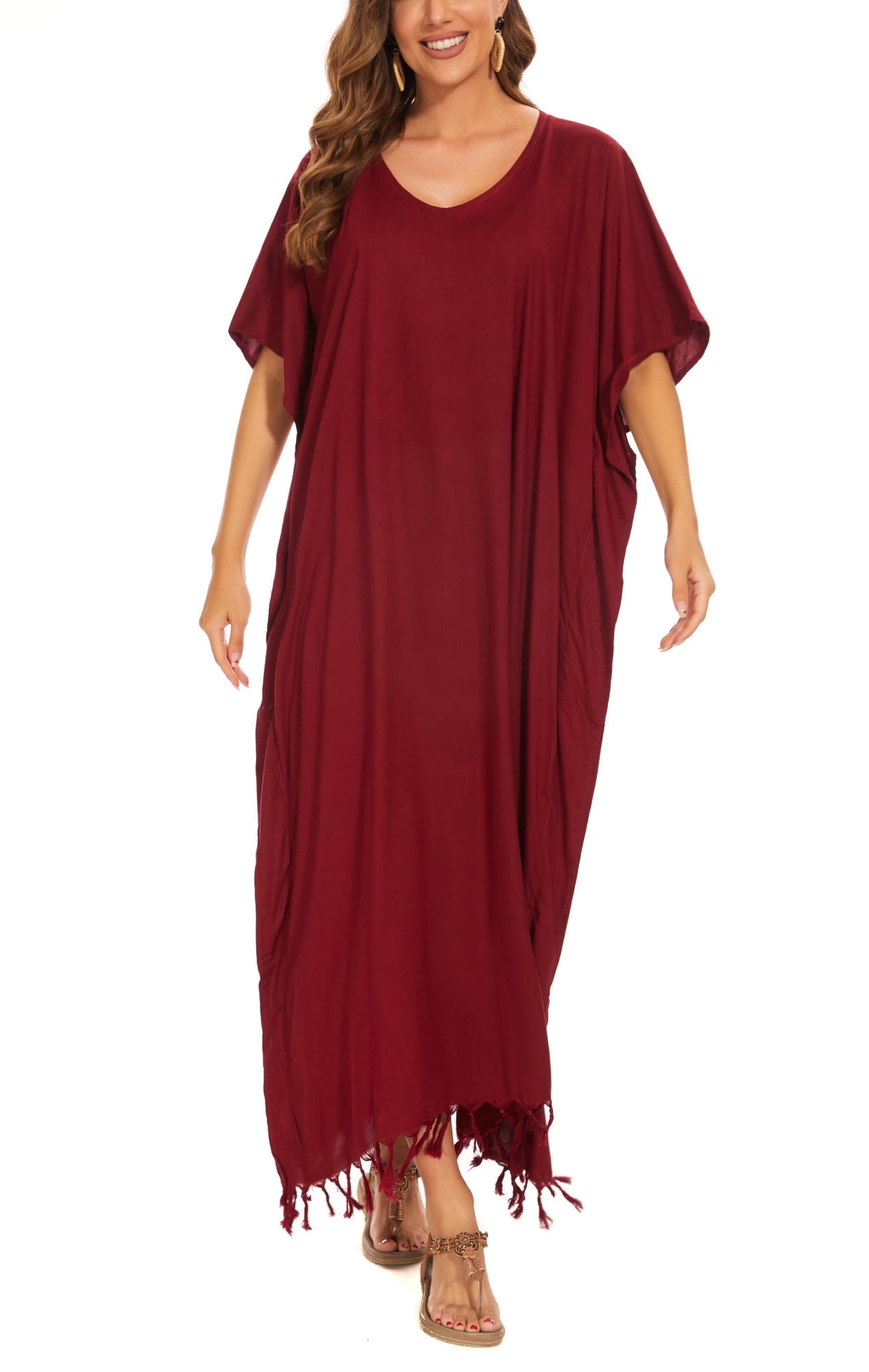 Beautybatik Maroon Women Solid Caftan Kaftan Loungewear Maxi Plus Size ...