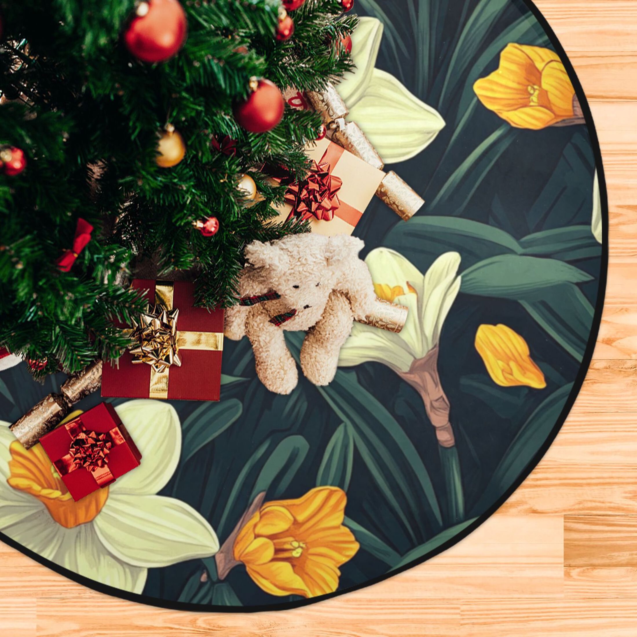 Beautyful Yellow Flowers Christmas Tree Stand Mat Waterproof Floor ...