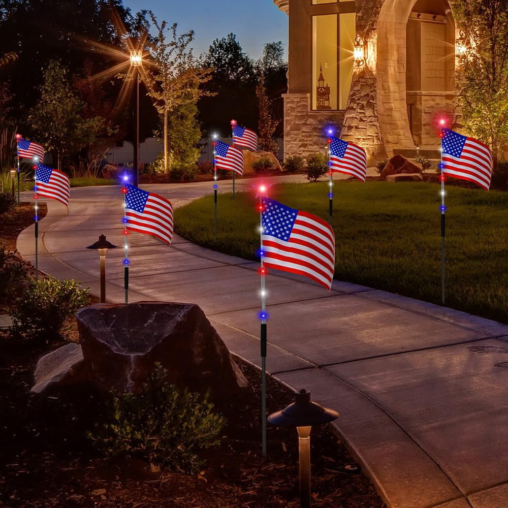 Beautynvta 8 Pack Solar American Flag Pathway Lights, 4th of July ...