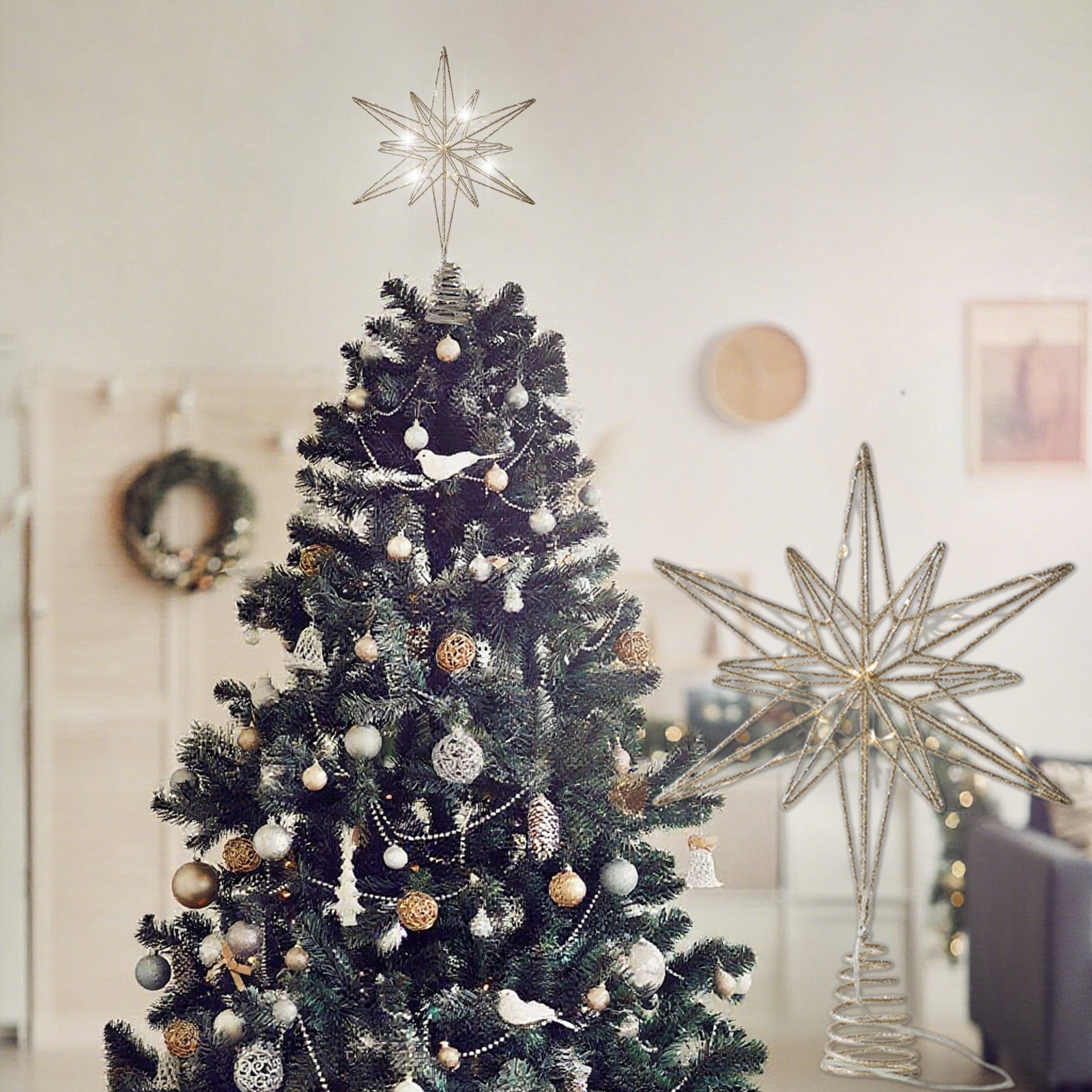 Beautynvta Christmas Tree Topper Star with LED Lights, Gold Glitter ...