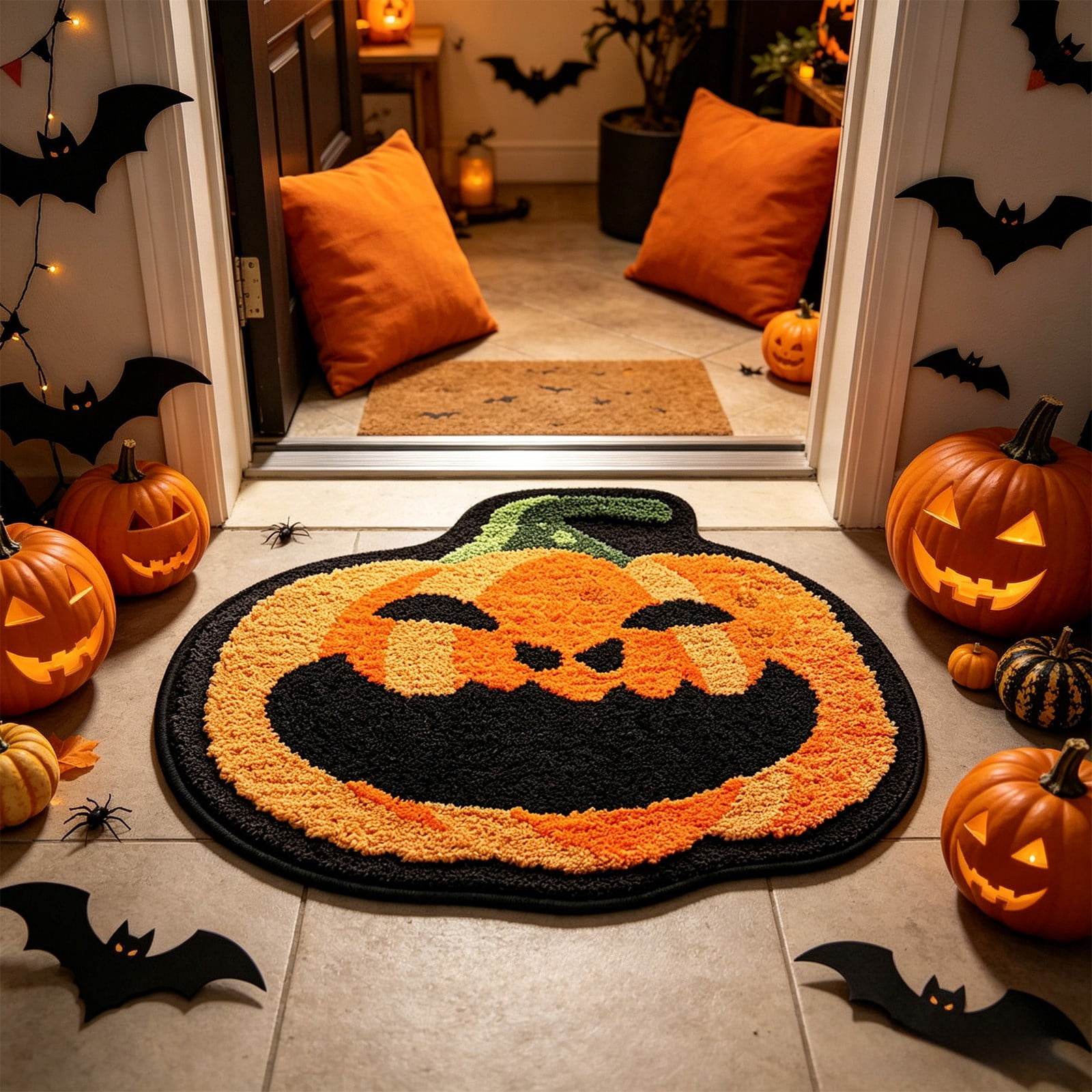 Beautynvta Pumpkin Shaped Halloween Bath Mat, Soft Fluffy Non-Slip ...