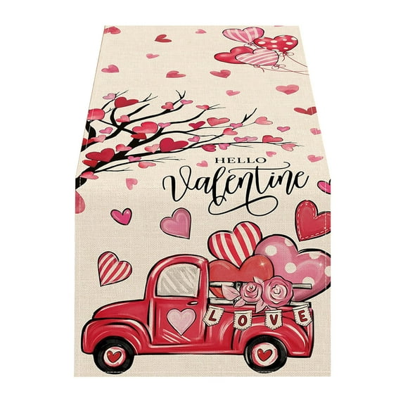 Beautynvta Valentine's Day Table Runner, Pink Love Heart Truck Linen ...