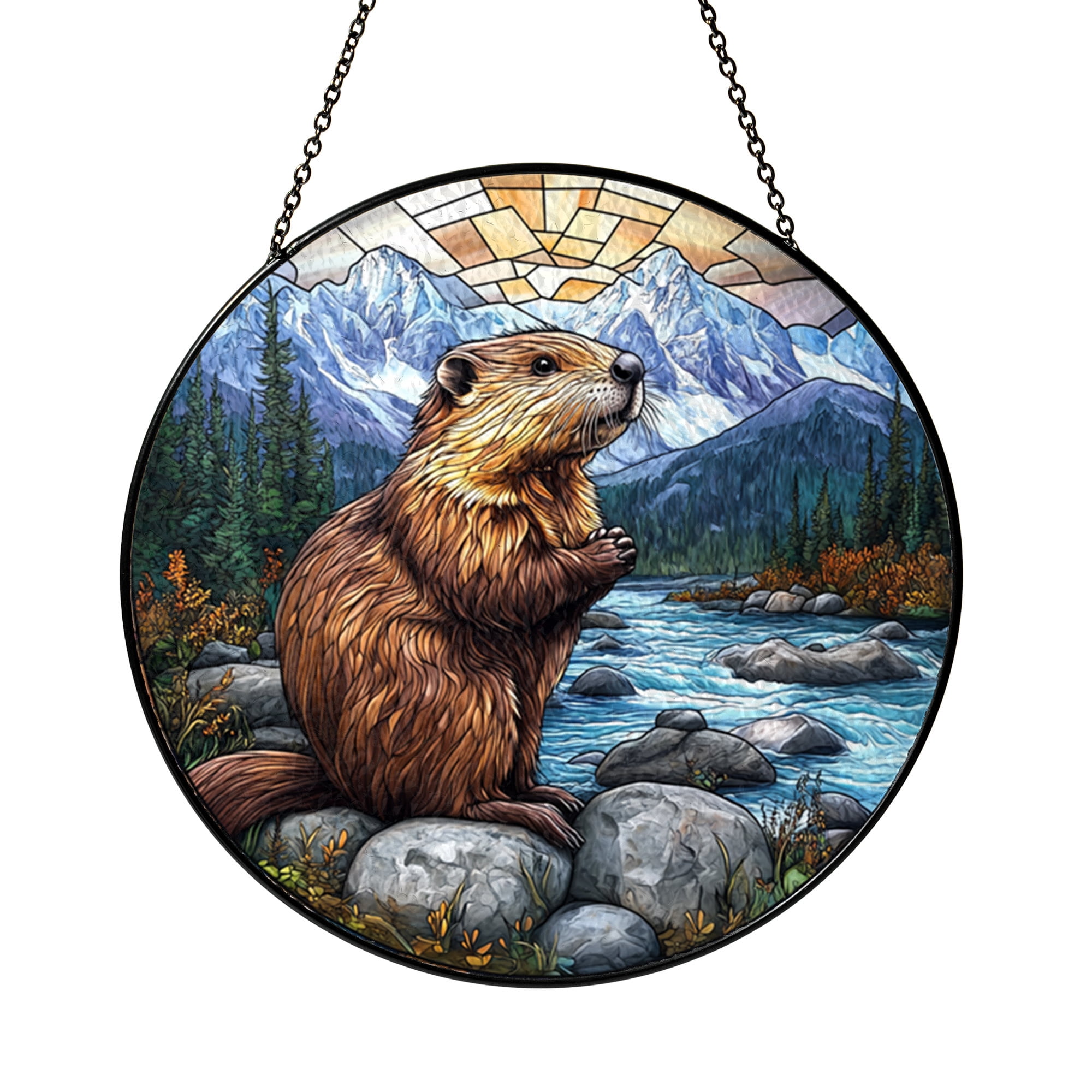 Beaver Stained Glass Panel, Scenic Mountain and Lake Wildlife Design ...