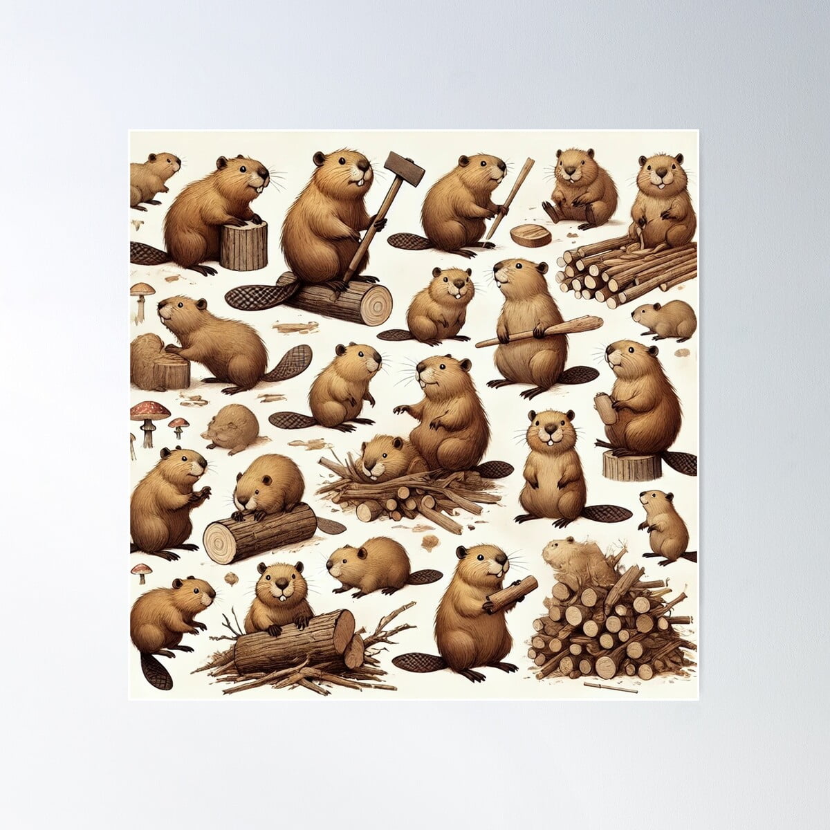 Beavers - Storybook Watercolor Illustration Poster Wall Art, Modern ...