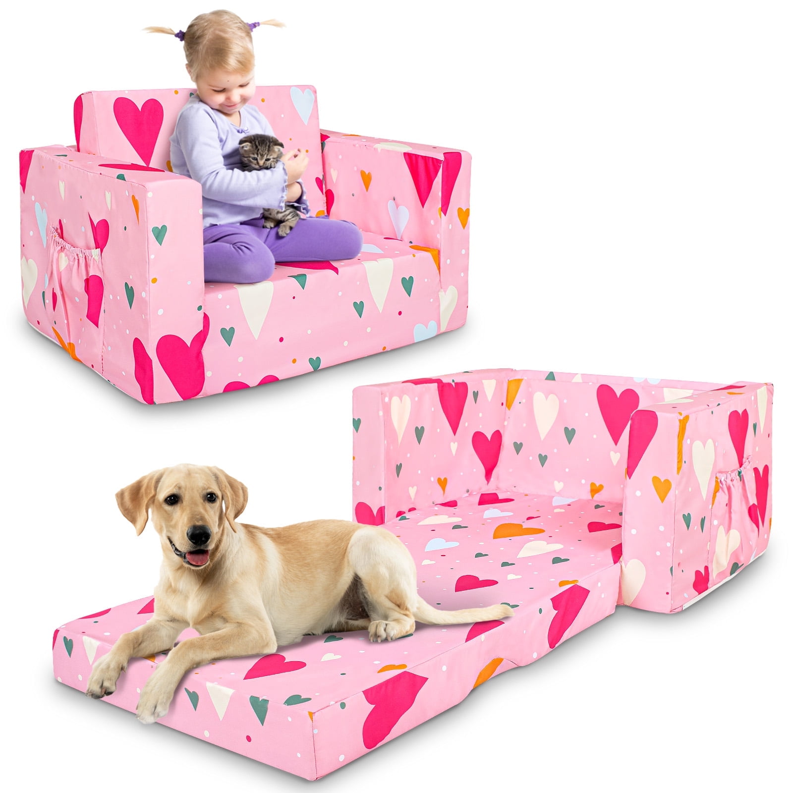 Beavtaens Kids Sofa, 2-in-1 Pink Flip Open Toddler Chair, with Side ...