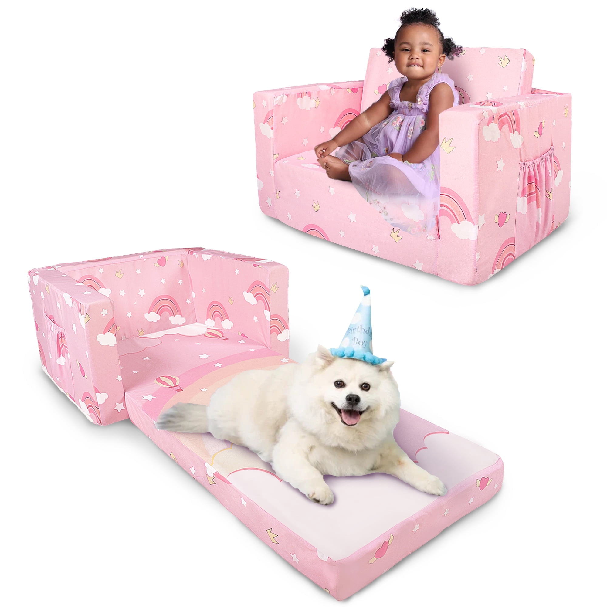 Beavtaens Kids Sofa, 2-in-1 Pink Flip Open Toddler Chair, with Side ...