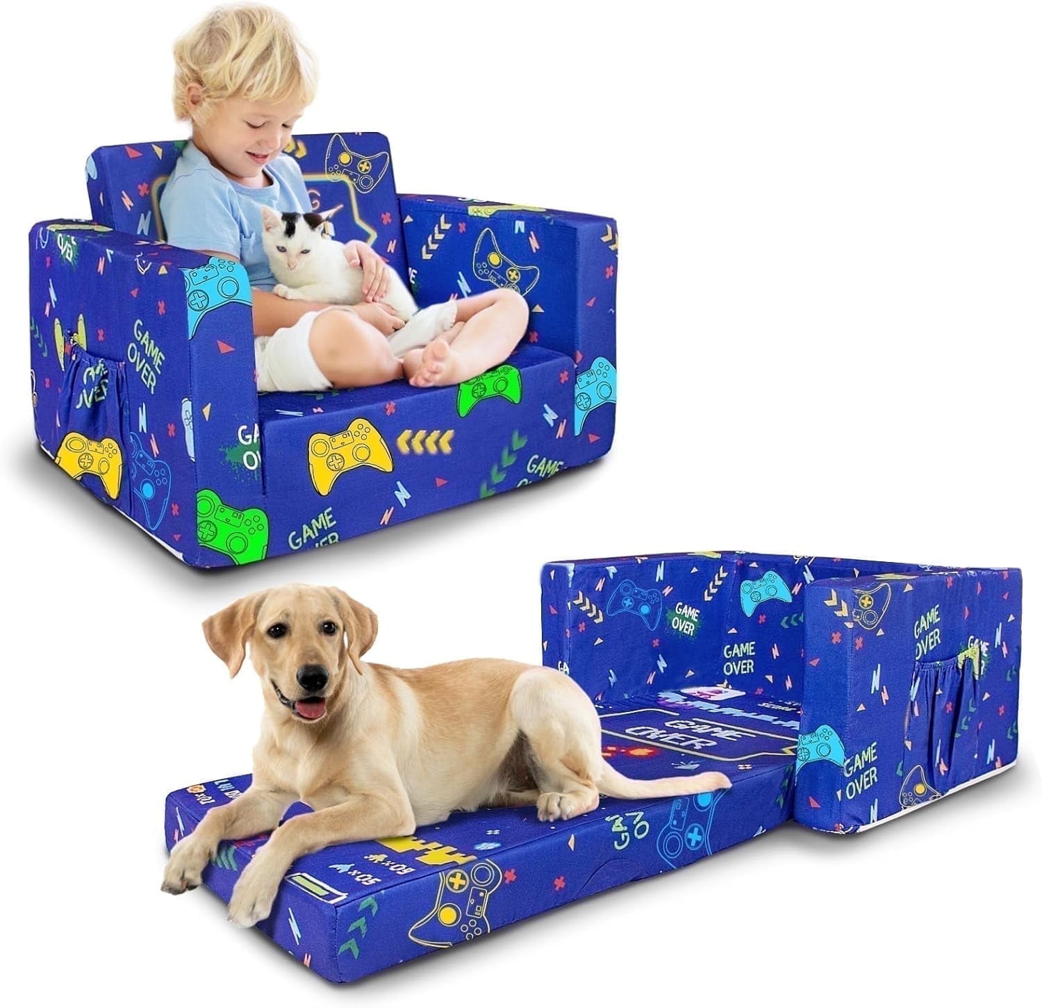 Beavtaens 2-in-1 Toddler Sofa, Flip Open Foam Couch with Side Pocket ...