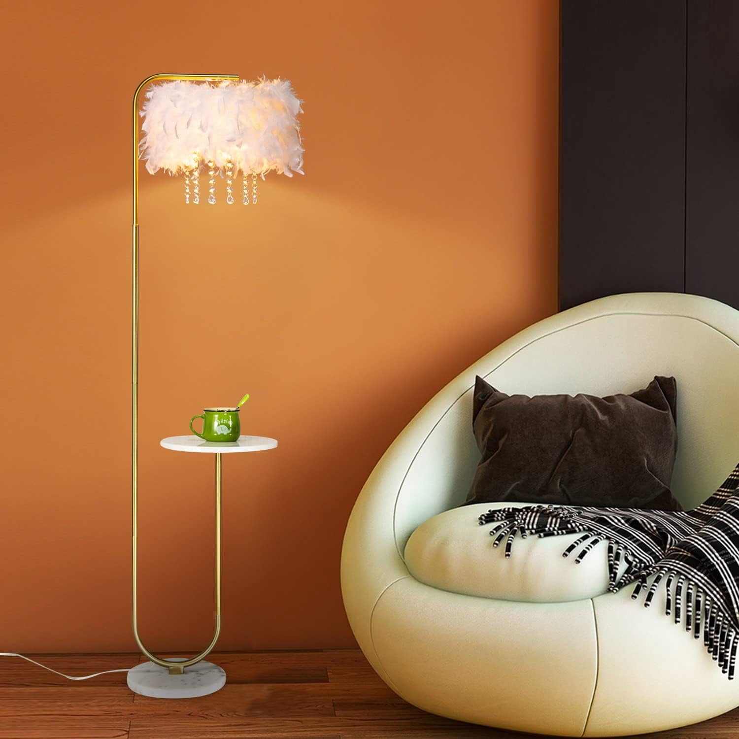 ZXNYH Tall Pink Feather Floor Lamp, Marble Tray, Foot Switch, Gold ...