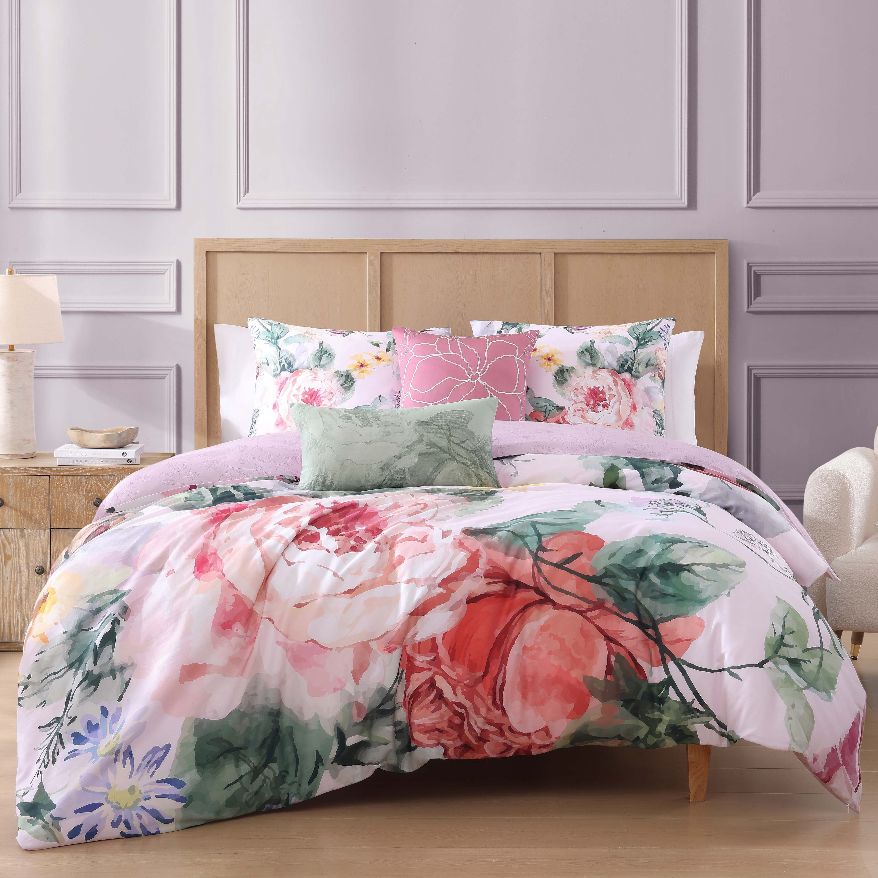 Bebejan Cool Pink Roses 5 Piece Comforter Set, Queen, 200 Thread Count ...