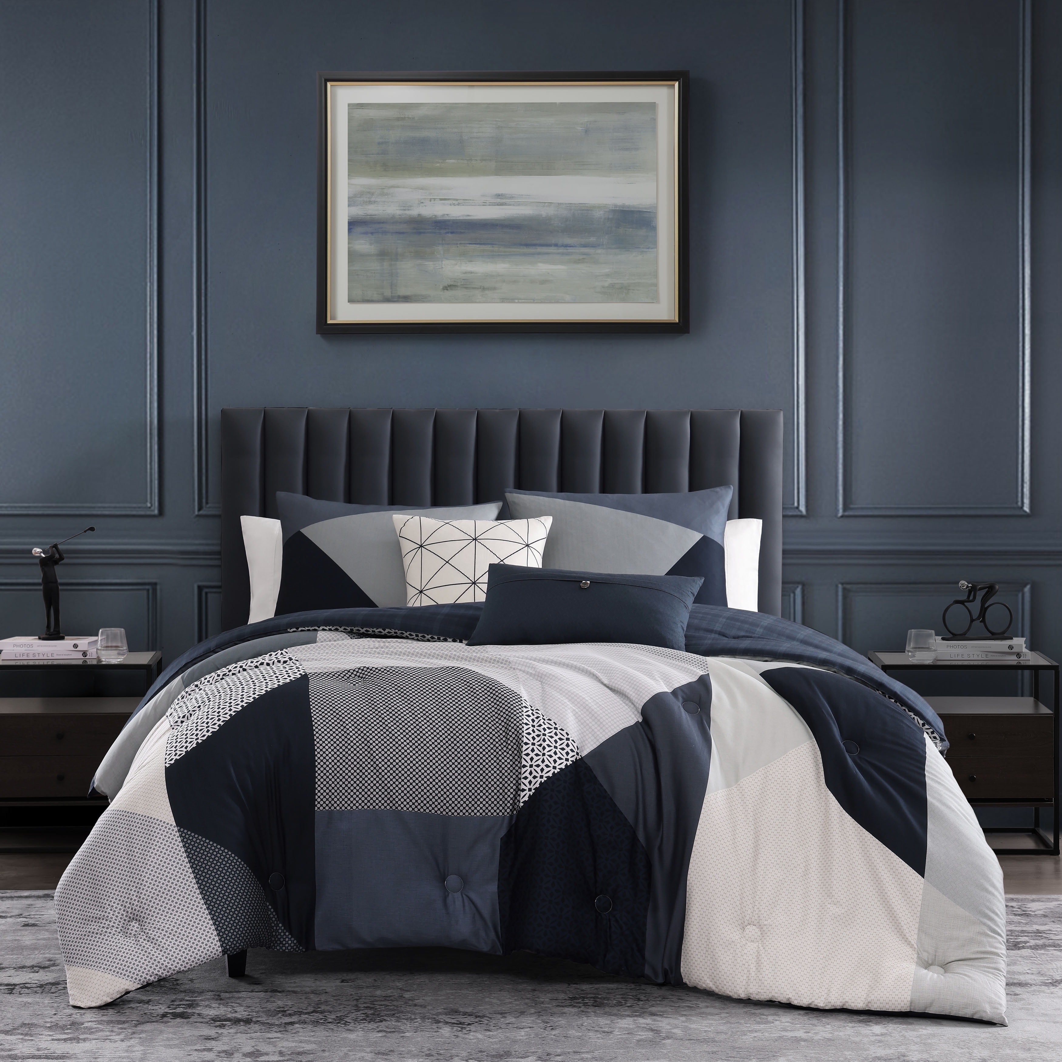 Bebejan Geo Fusion 5 Piece Comforter Set, Queen, Blue, 200 Thread Count ...