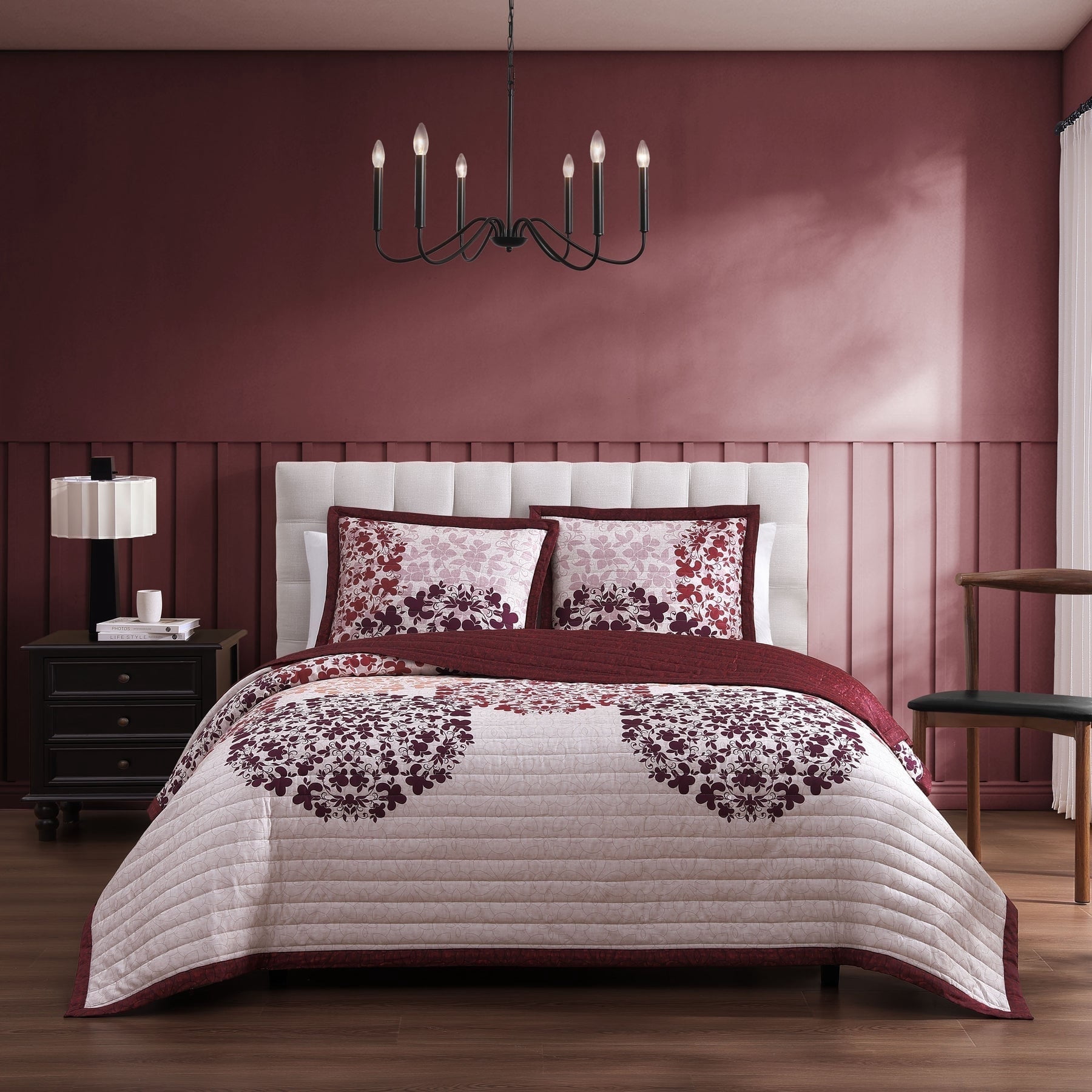 Bebejan Rosewood Harmony 3 Piece Quilted Coverlet Set, King, Red, 200 ...