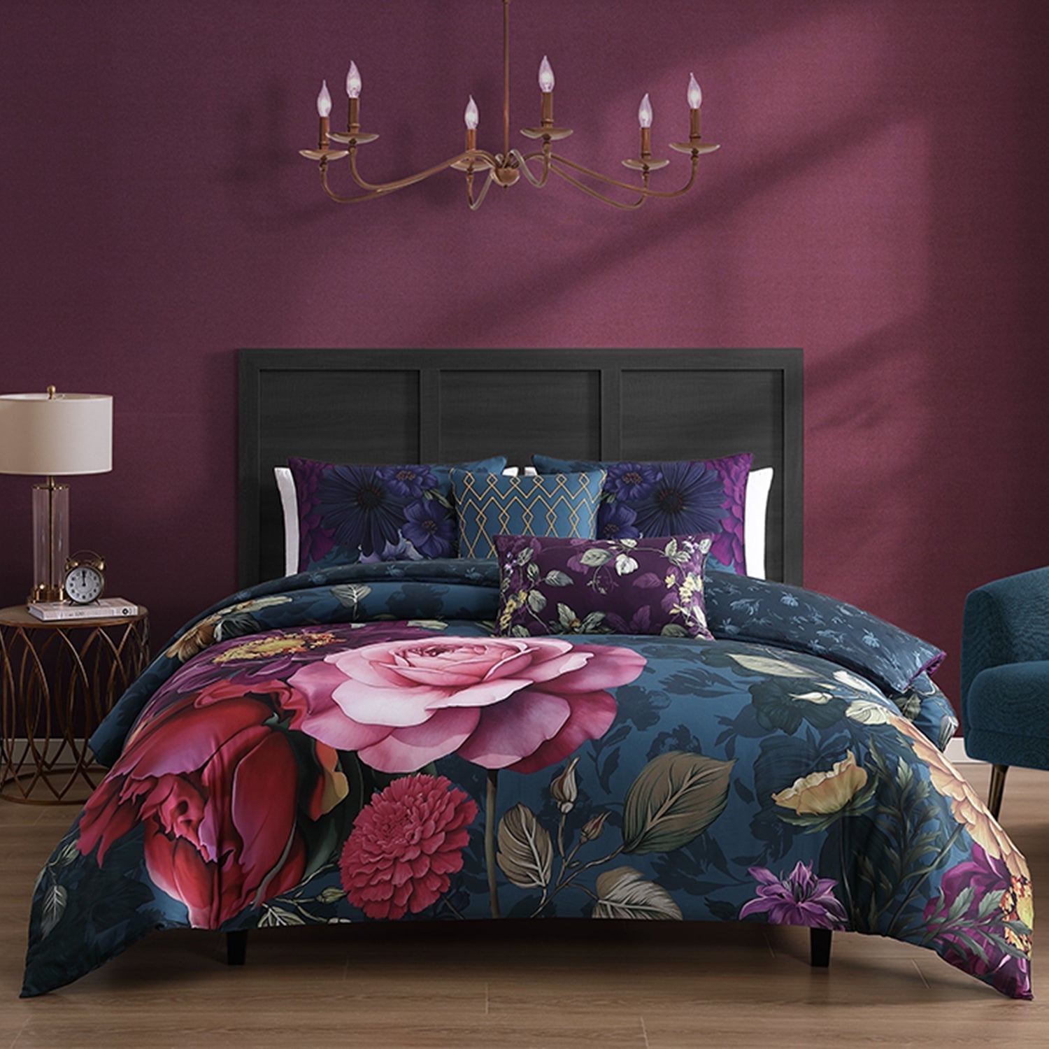 Bebejan Vibrant Flora 5 Piece Comforter Set, Blue, Queen, 100% Cotton ...