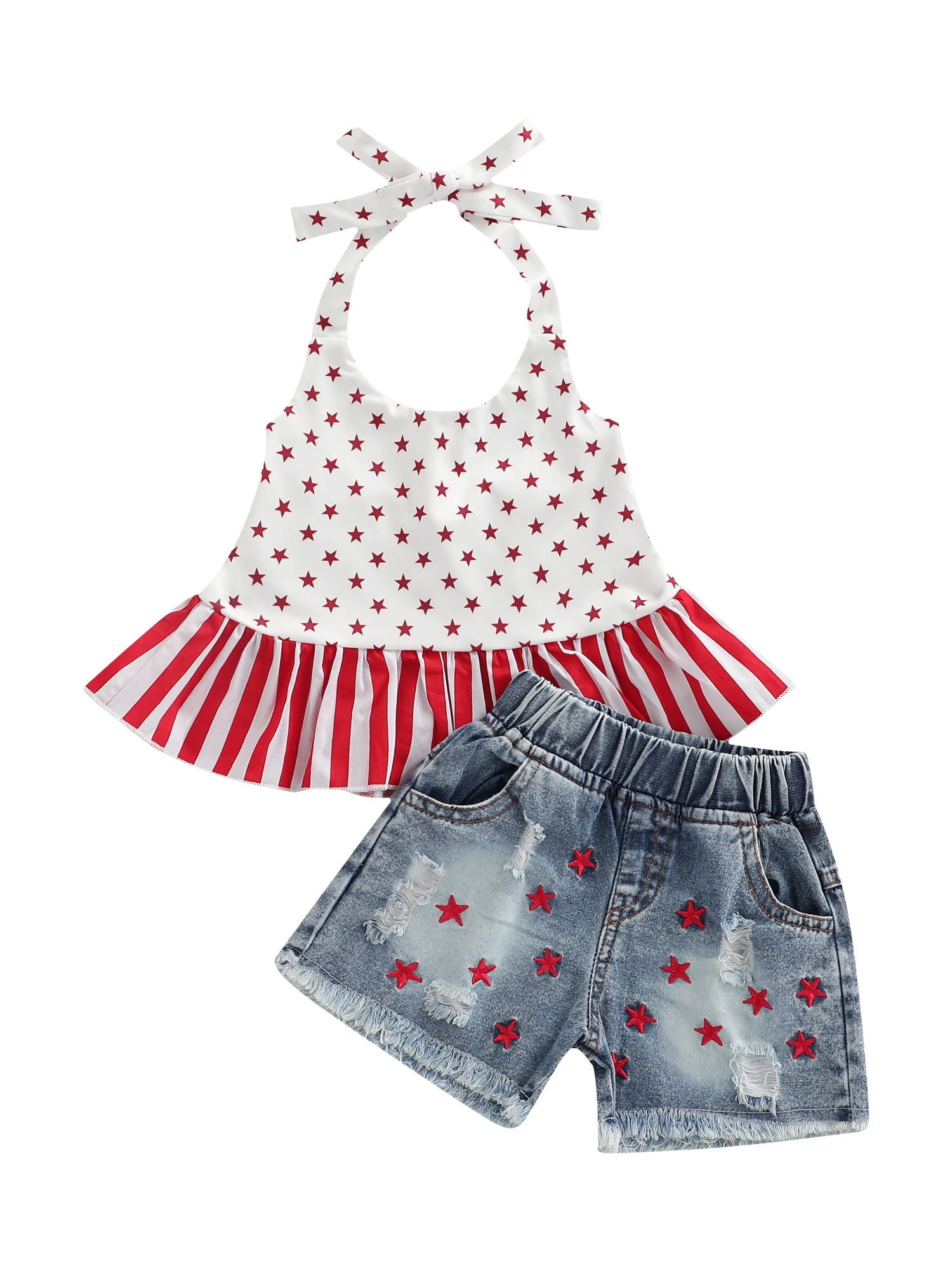 Bebiullo Toddler Baby Girls 4th of July Outfit American Flag Halter Top Ripped Jeans Denim ...