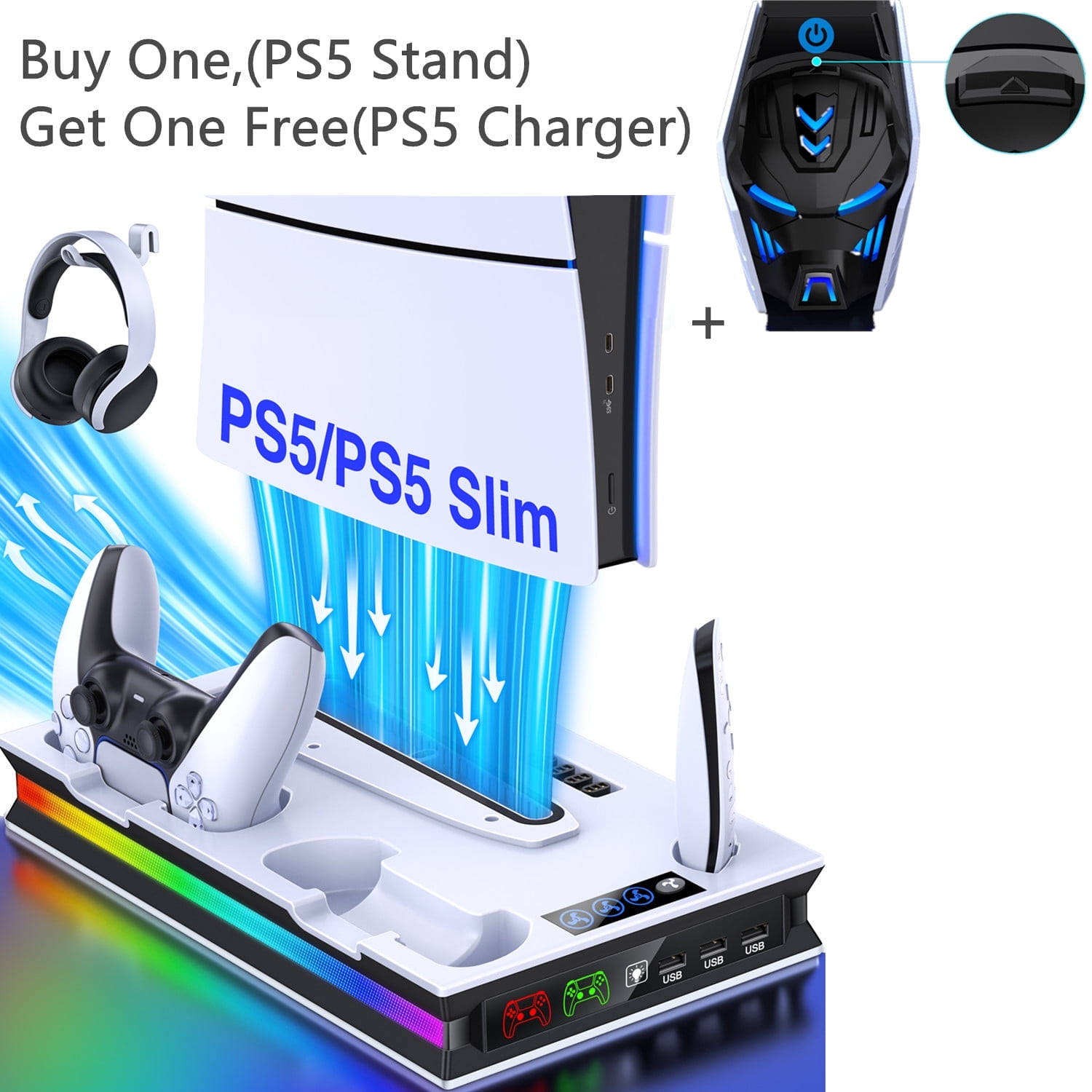 Beboncool PS5 Cooling Fan Stand with Dual Controller Charger Station for Playstation 5/PS5 Pro ...