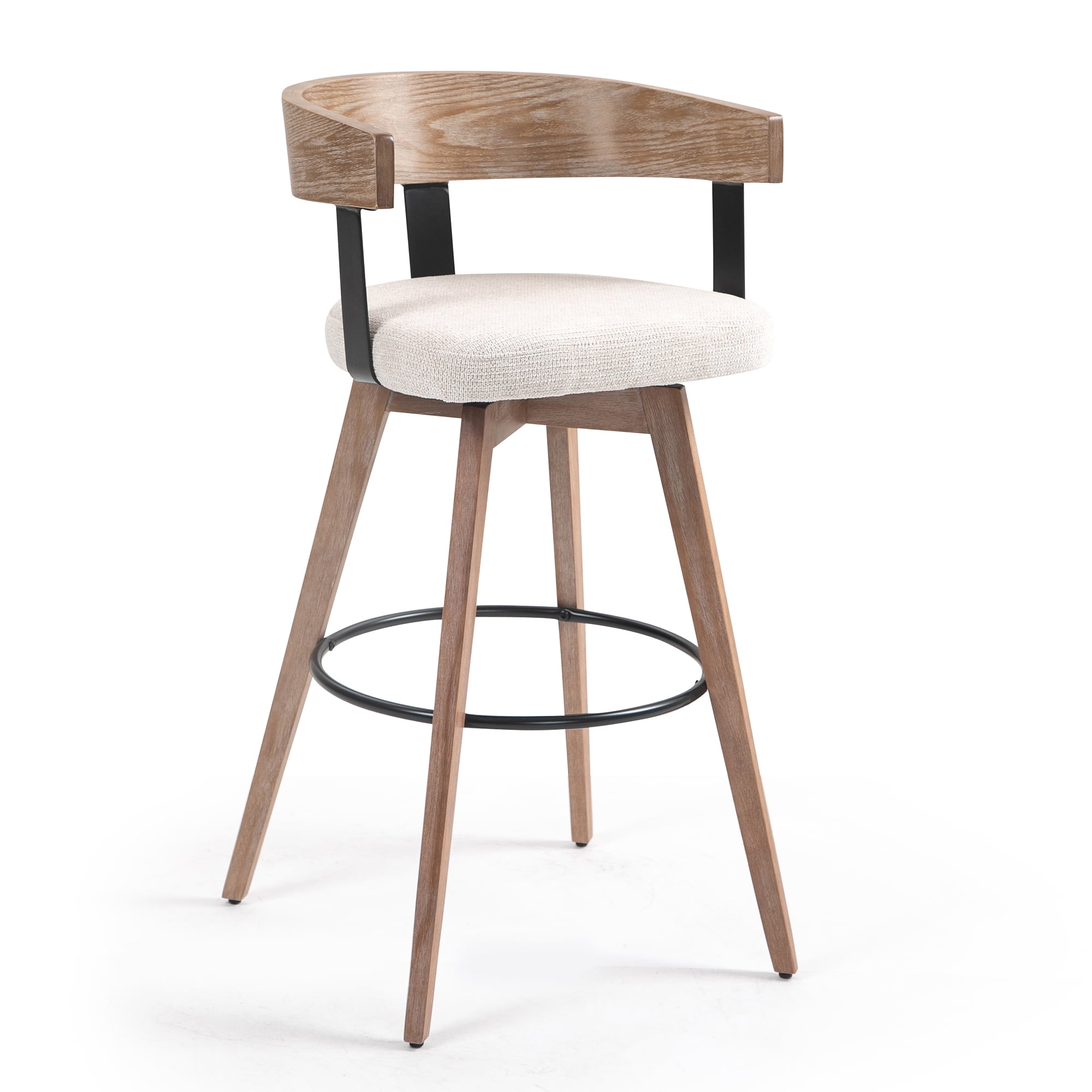 Beck Beige Linen Fabric Bar Stool with Natural Wood Backrest and Legs ...