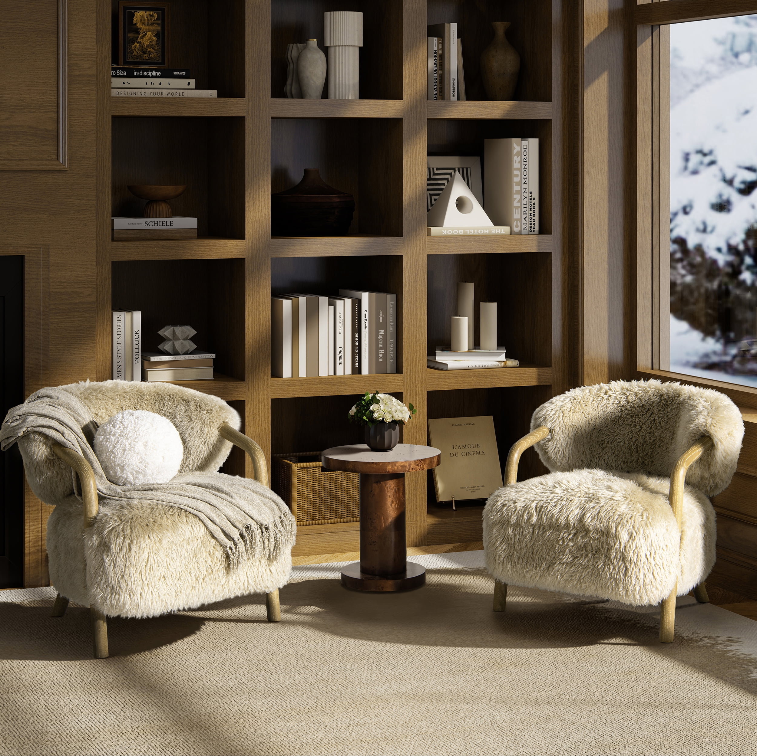 Becker 33" Rustic Oak Sheepskin Beige Genuine Fur Upholstered Accent ...