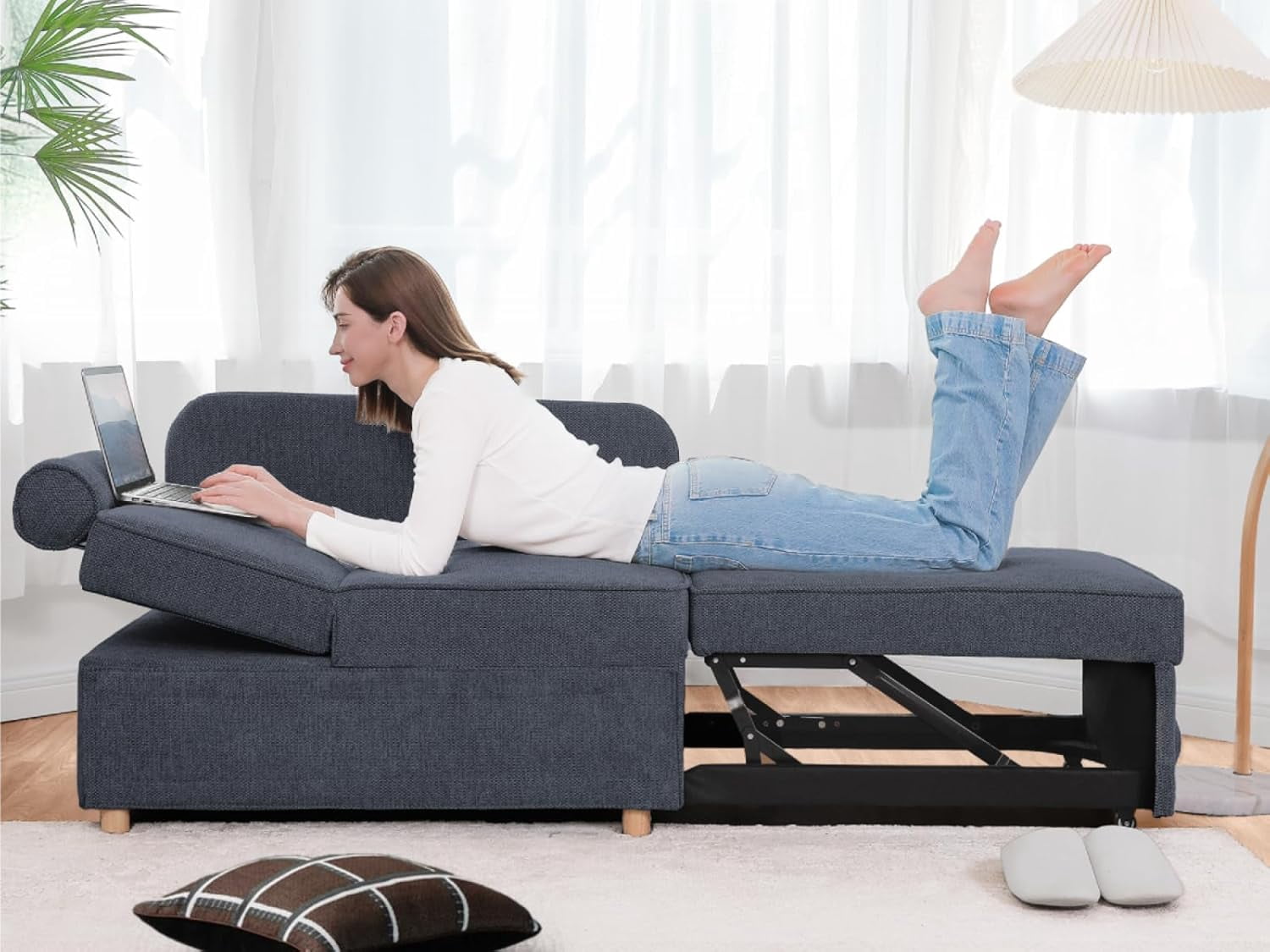 Bed 4-in-1 Convertible Couch, Linen Fabric Love seat Couch with 2 Throw ...