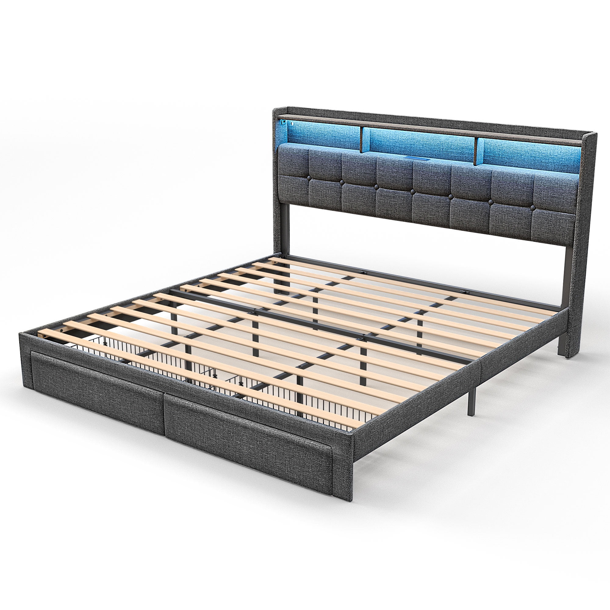 Bed 778King-Dg-Clb,Dark Gray Wood+Fabric Furniture Bedroom Beds Frames ...