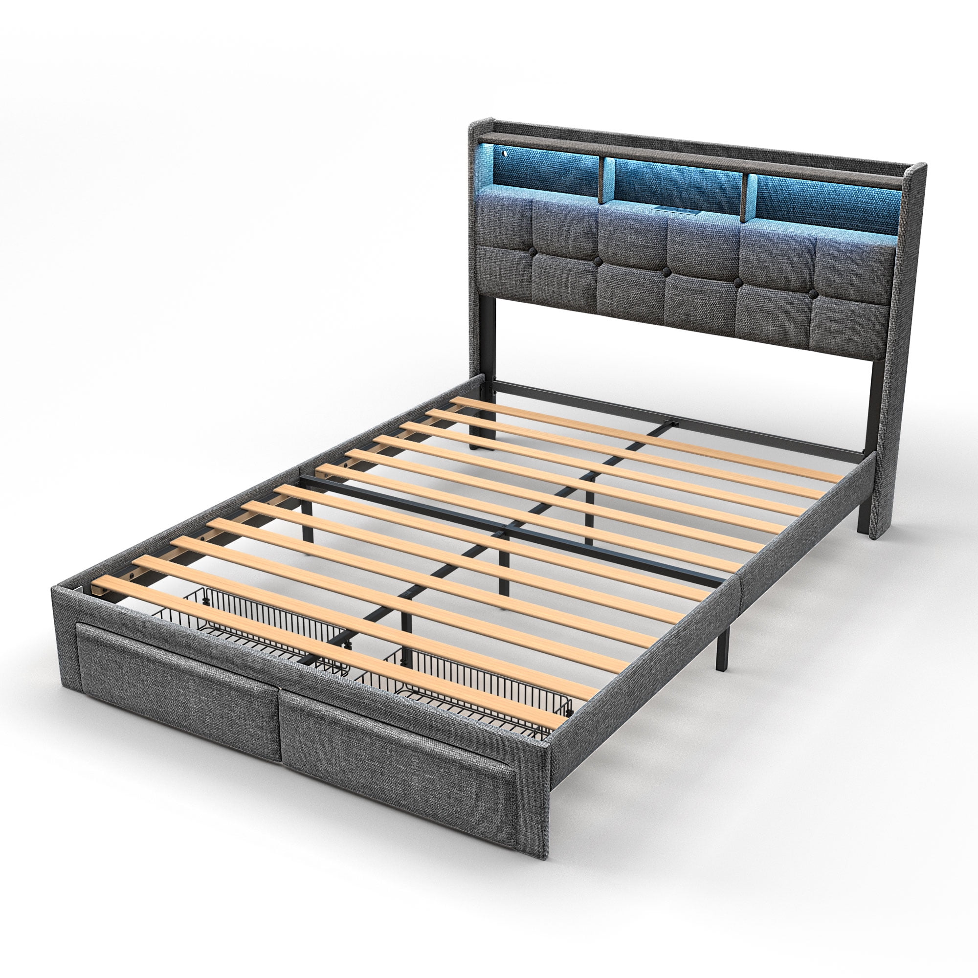 Bed 778Queen-Dg-Clb,Dark Gray Wood+Fabric Furniture Bedroom Beds Frames ...