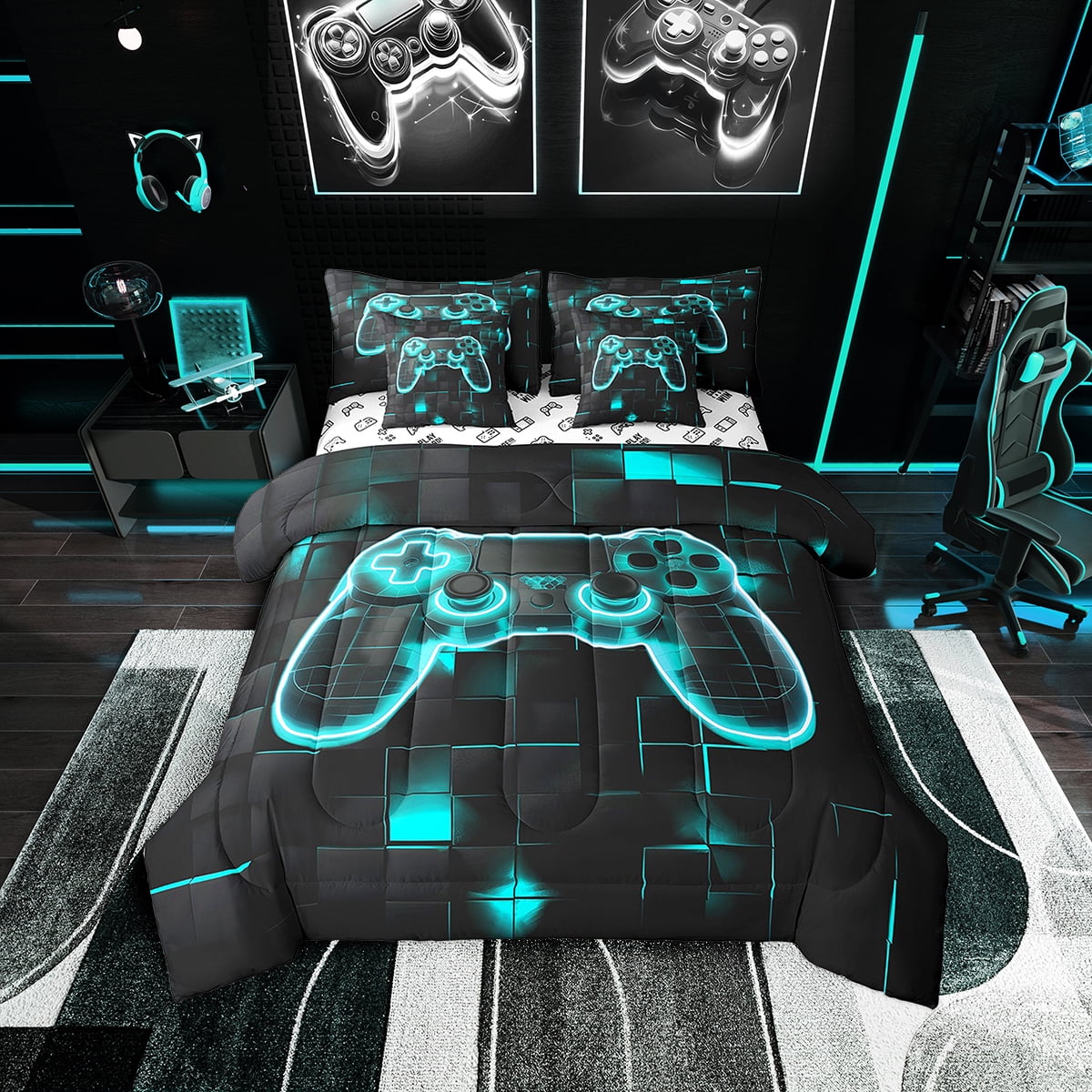 Bed in A Bag 7 Piece Neon Gamer Gifts Gamer Comforter Set Geometric ...