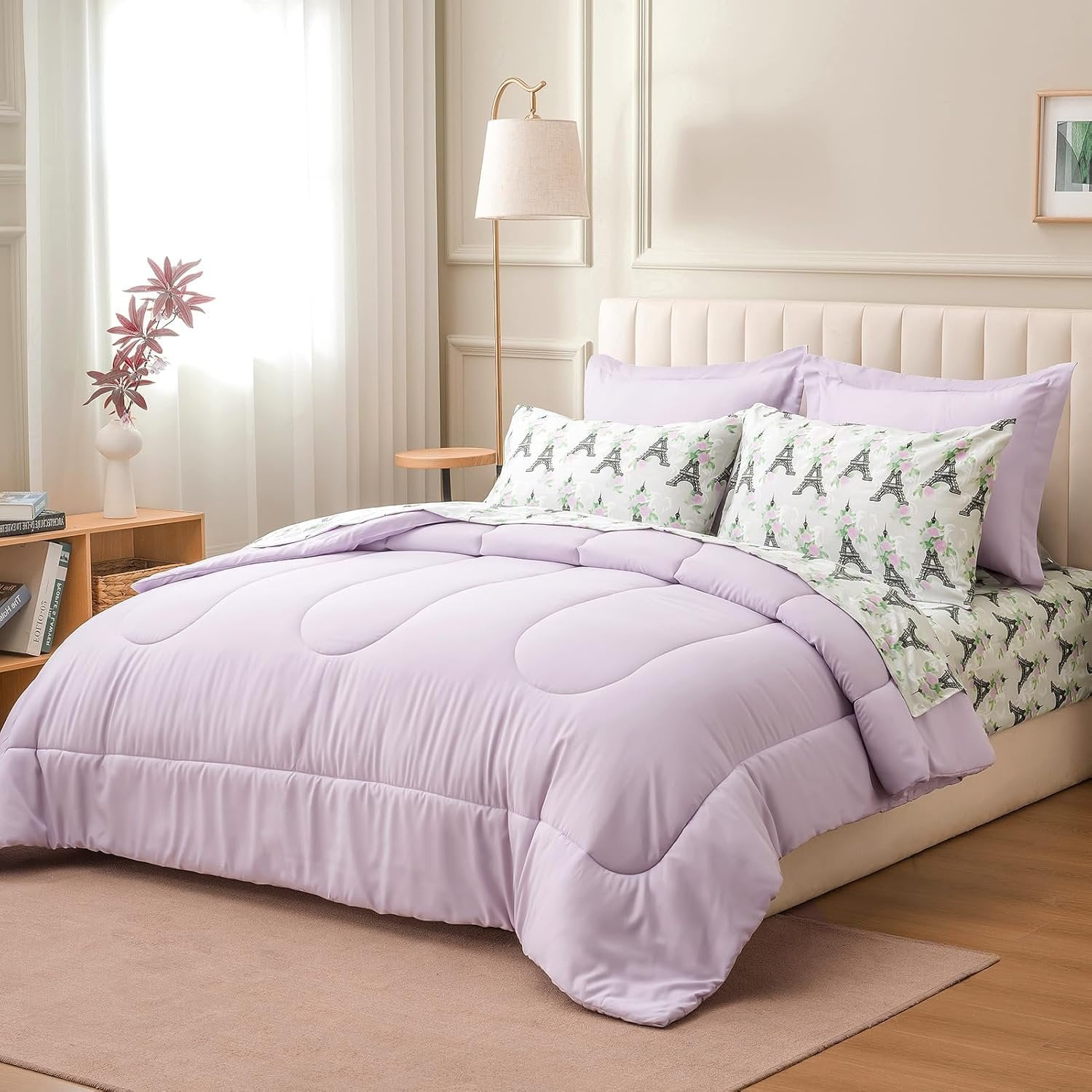 Bed in a Bag 7 count, Light Purple Solid Comforter with Eiffel Tower ...