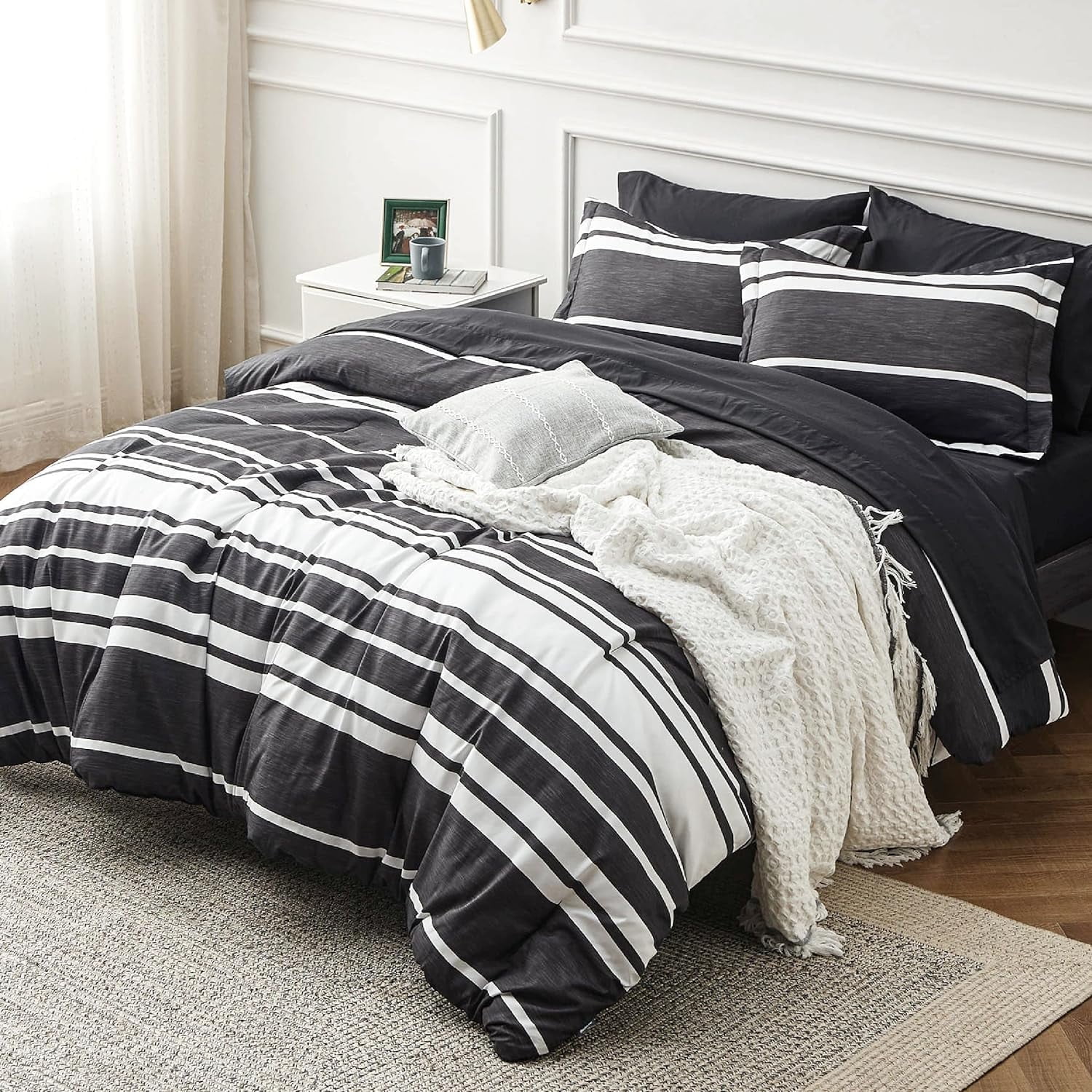 Bed in a Bag Full 7 Pieces - Black Striped Comforter Set Full All ...