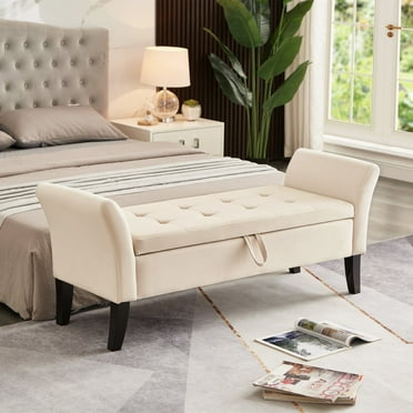 End of Bed Bench, 53.5" Boucle Fabric Upholstered Entryway Bench with ...