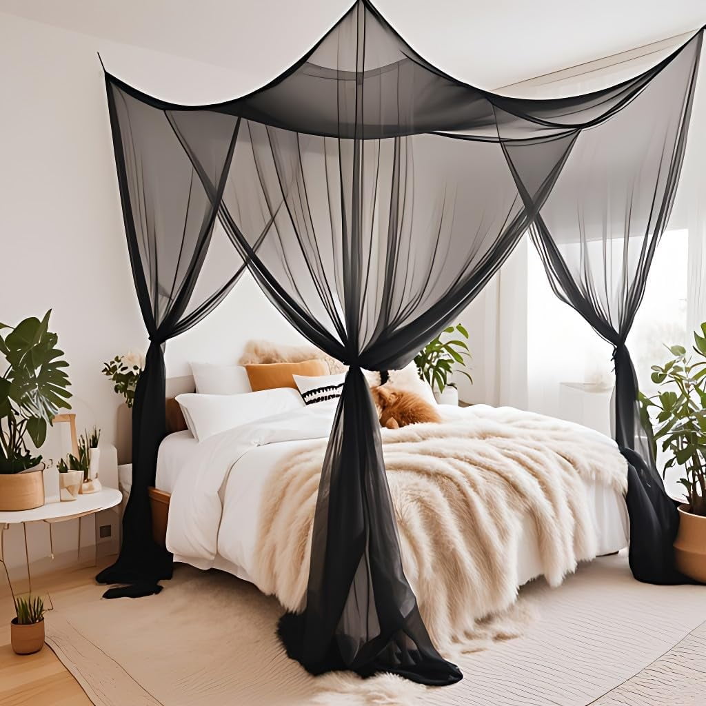 Bed Canopy, Black Canopy Bed Curtains for Twin Full Queen Size, Square ...