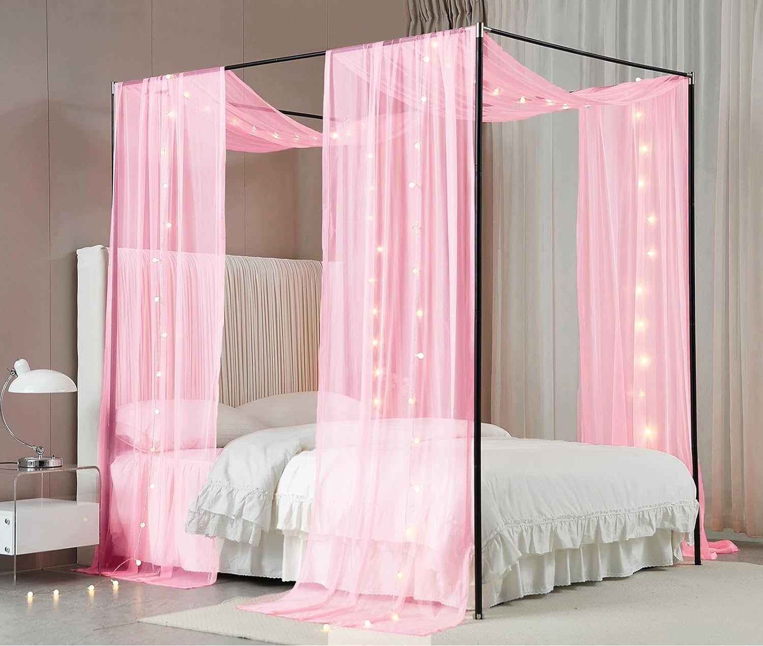 Bed Canopy Curtains for Girls Elegant Canopies Curtain Scarf with Light ...