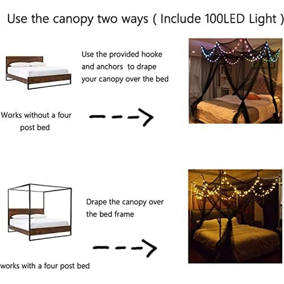 Bed Canopy with LED Star Lights, Canopy Bed Curtain with RGB Color ...