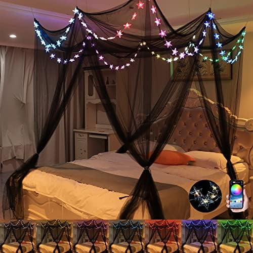 Bed Canopy with LED Star Lights, Canopy Bed Curtain with RGB Color ...