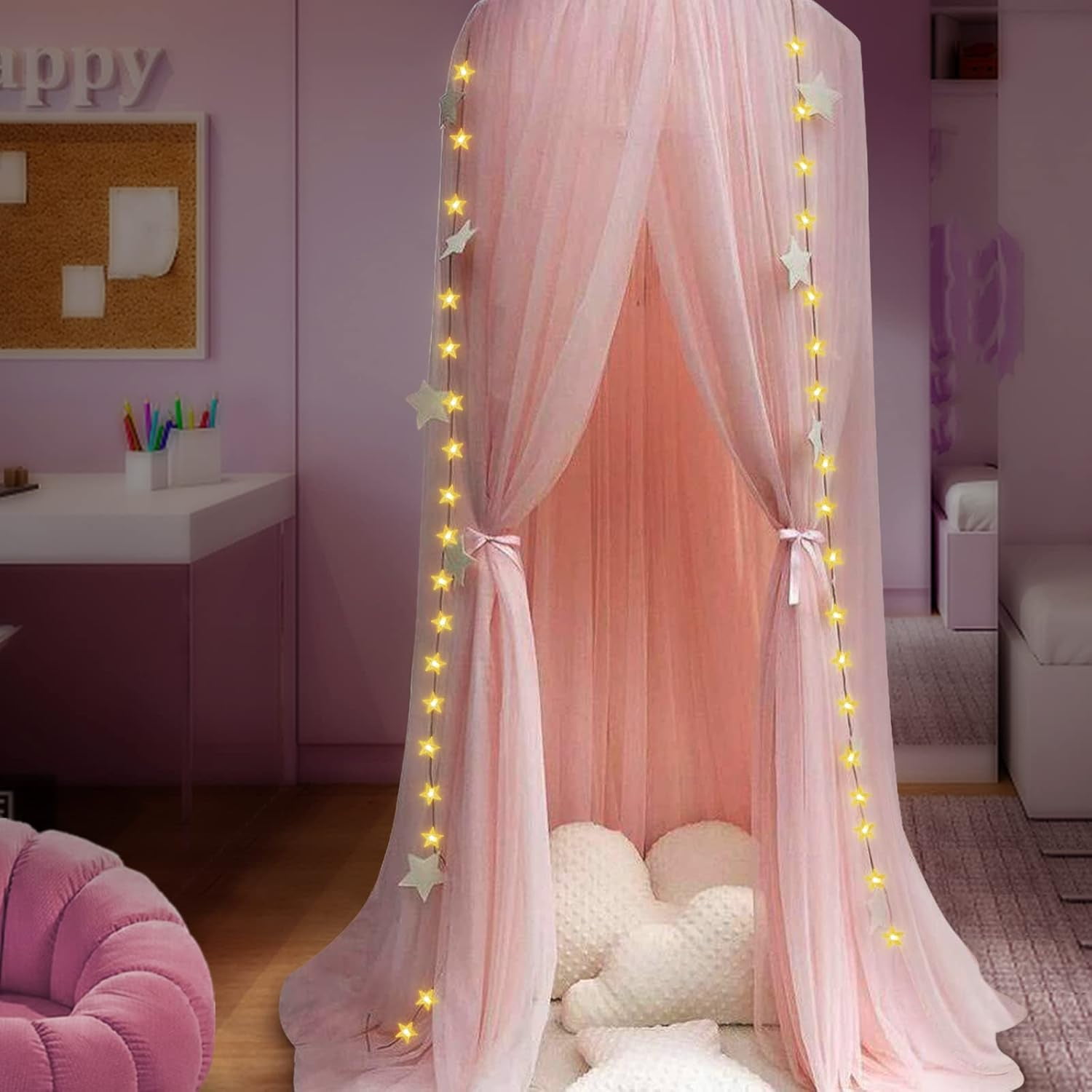 Bed Canopy Mosquito Net with Star Lights，Princess Play Canopy for Girls ...