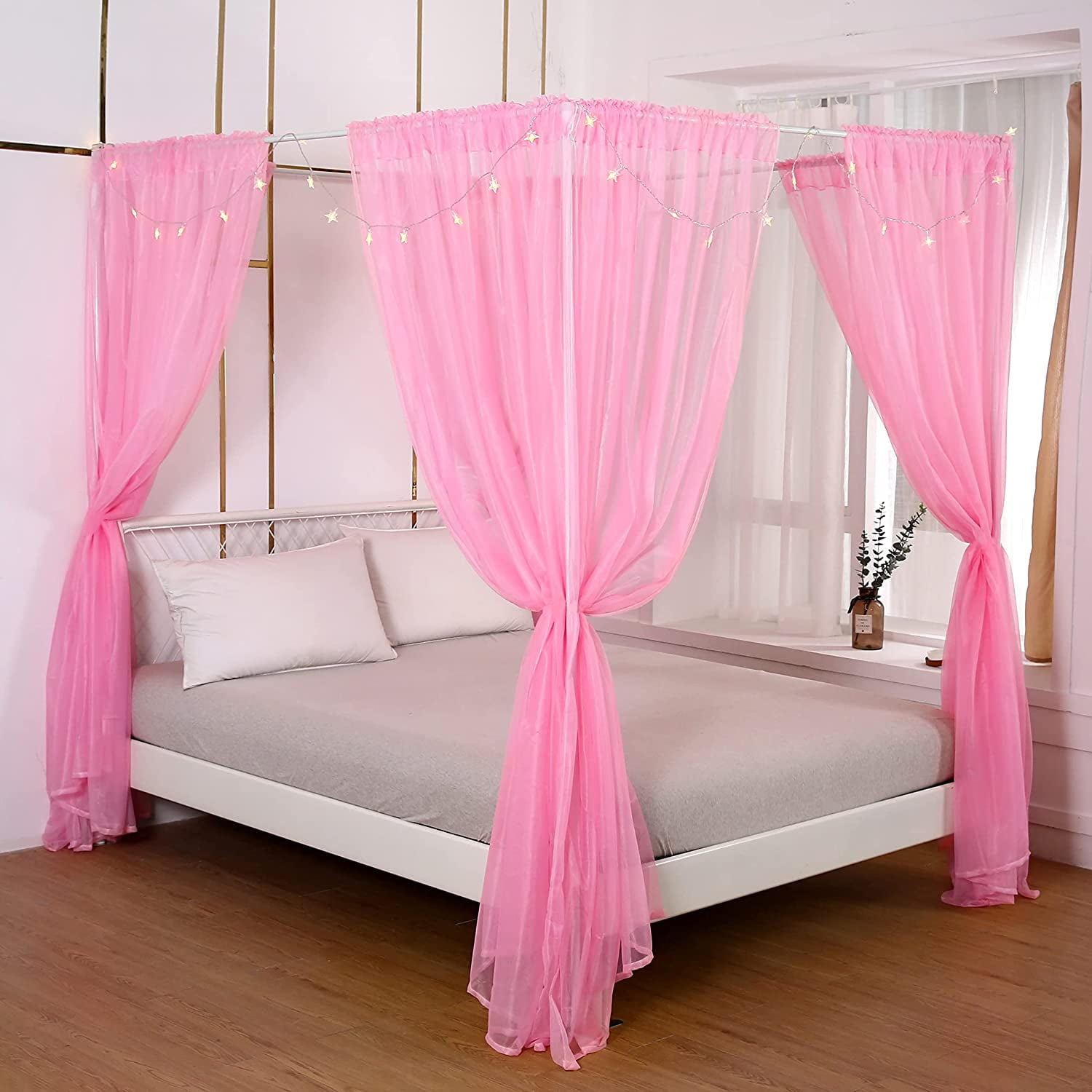 Bed Canopy Panels with Light, 4 Corner Post Bed Curtain Canopy for ...