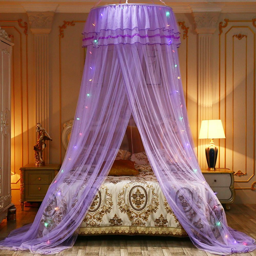 Bed Canopy Princess Dome Crown Lace Bed Net with LED String Lights for ...