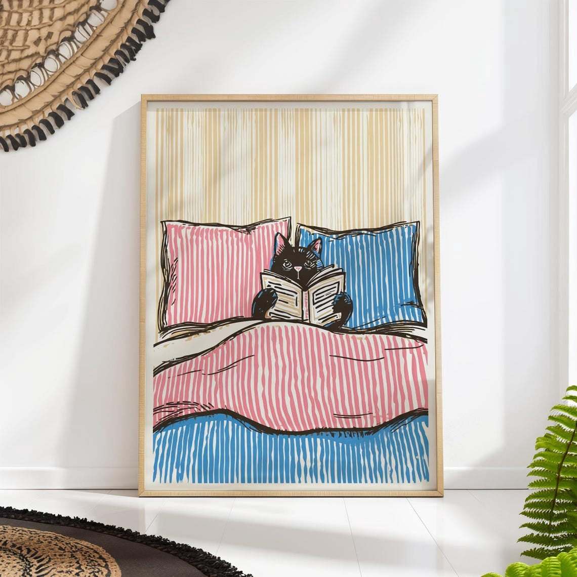 Bed Cat Reading Print Nursery Wall Art Bedroom Animal Decoration ...
